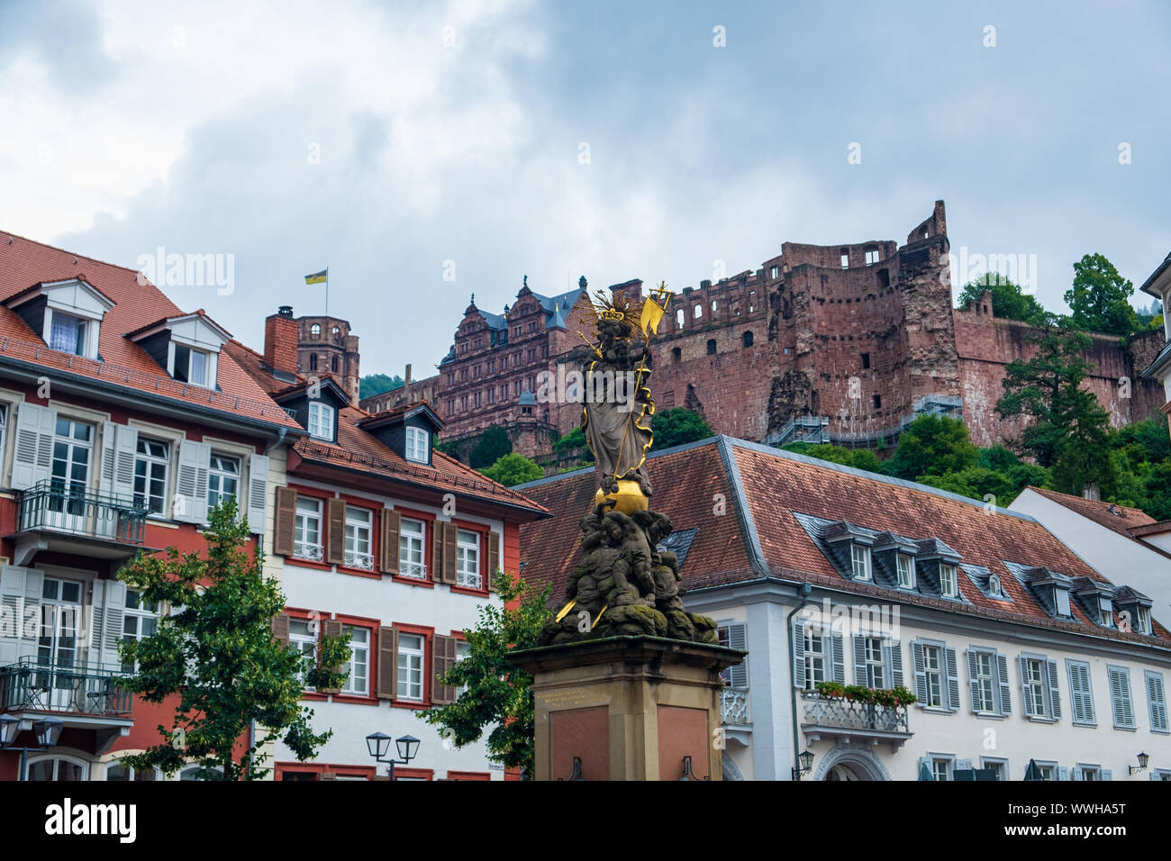 Heidelberg, Germany - August 7, 2019: The Madonna statue in Kornmarkt ...