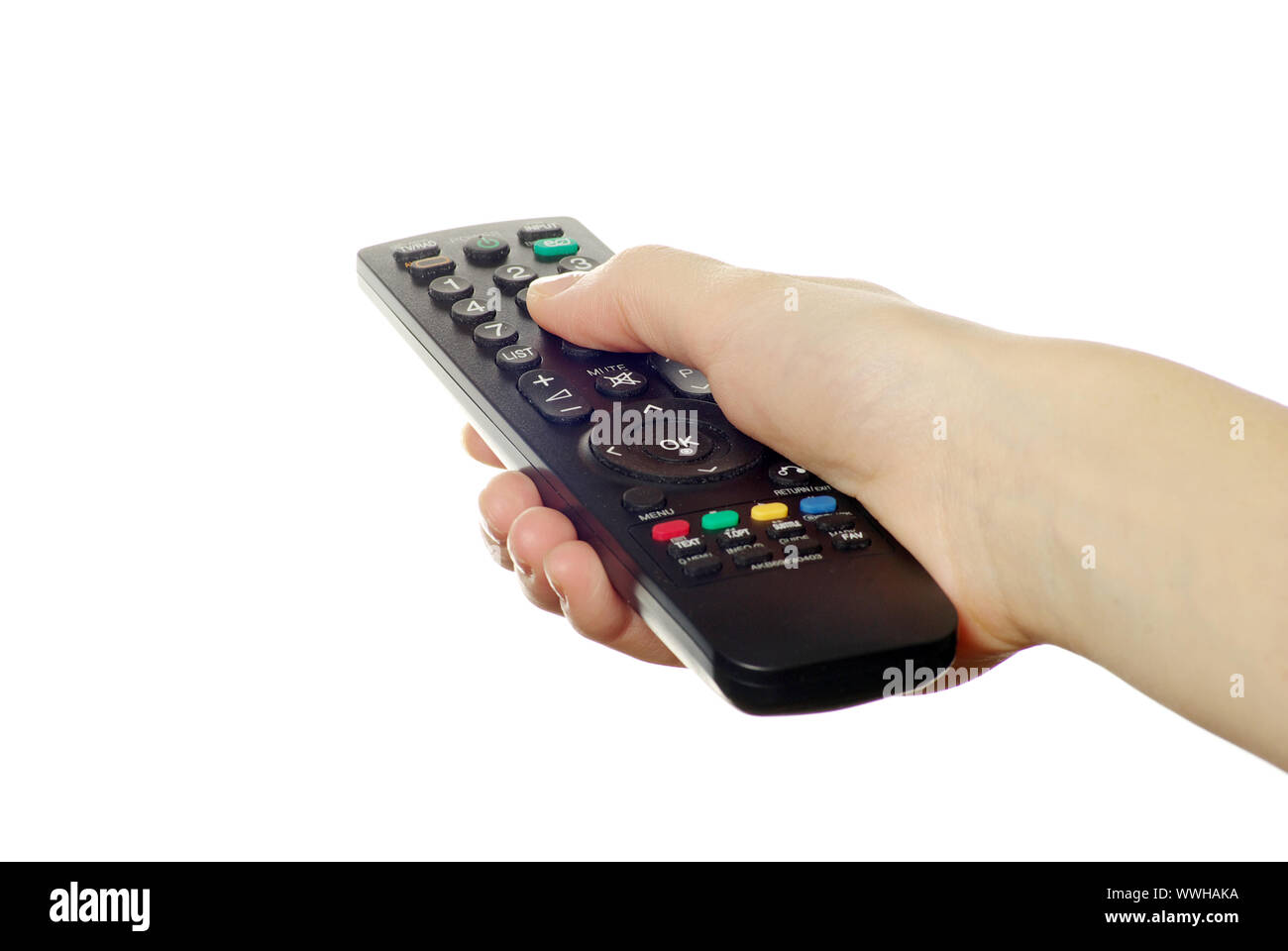 remote control in hand isolated on white background Stock Photo - Alamy