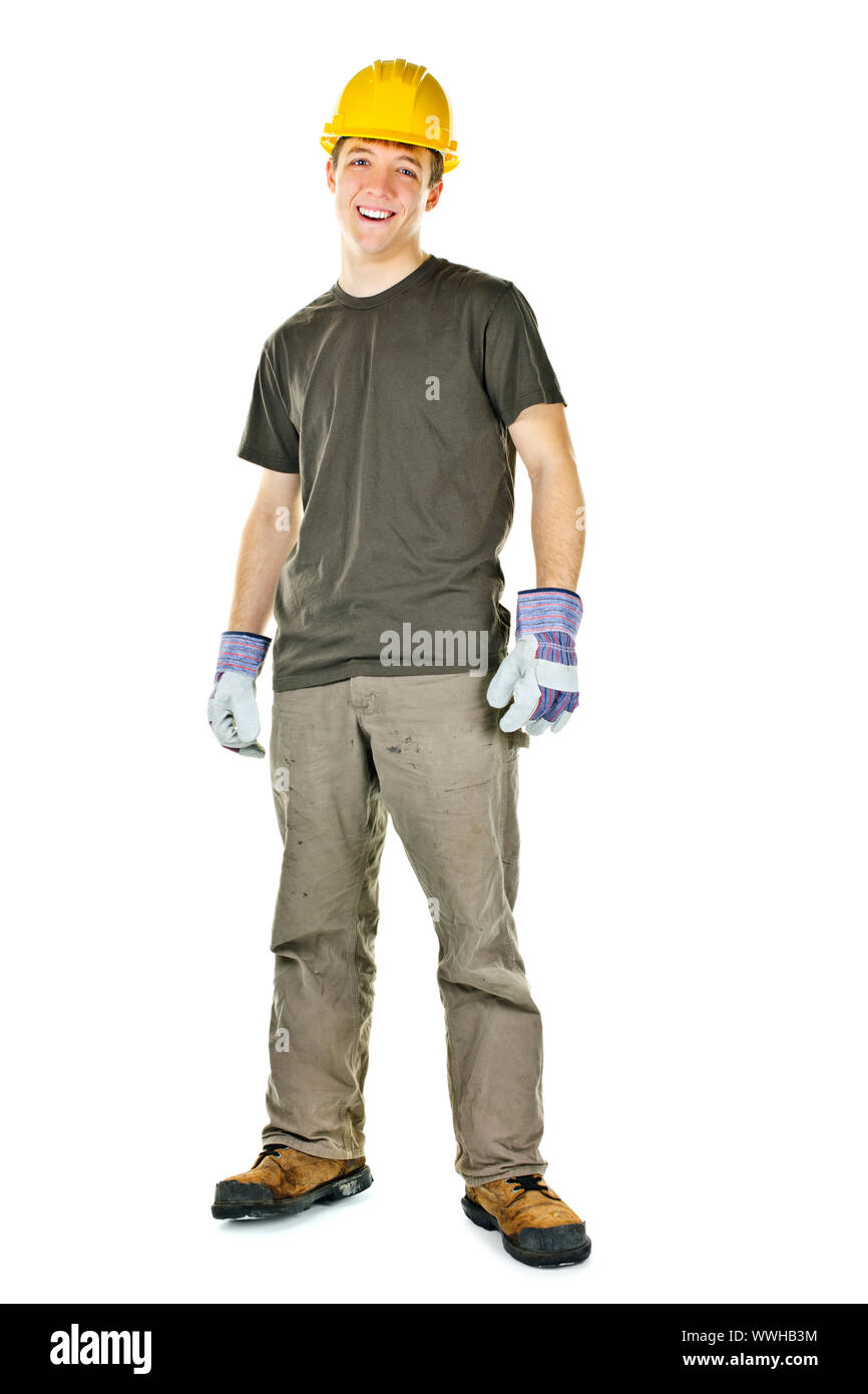 Happy construction worker with hard hat full body standing isolated on ...