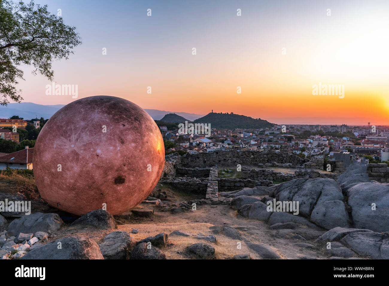 Full moon is landing on Nebet tepe Hill in Plovdiv city, Bulgaria Stock ...