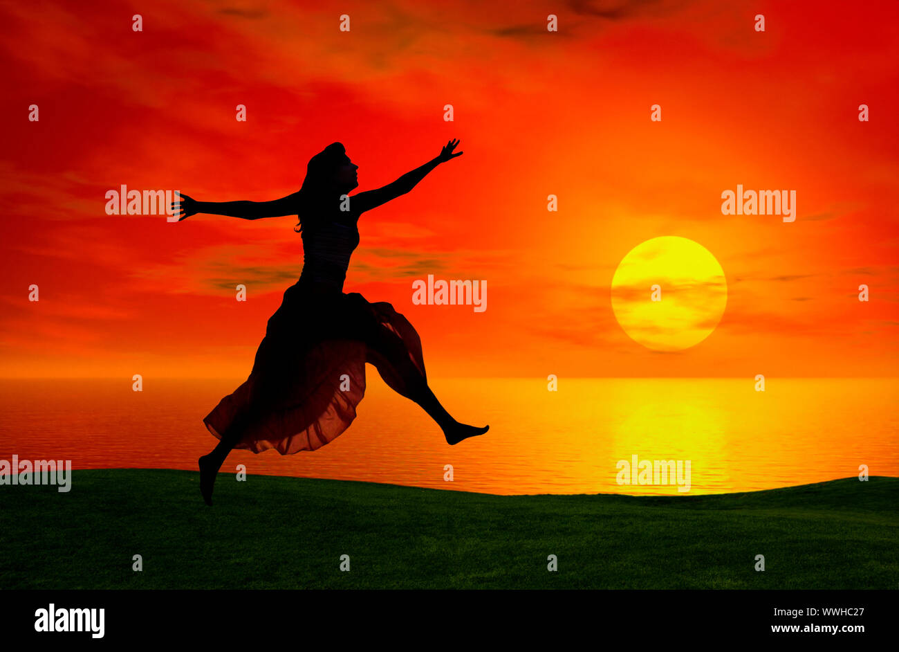 Silhouette of a woman jumping at the sunset Stock Photo - Alamy