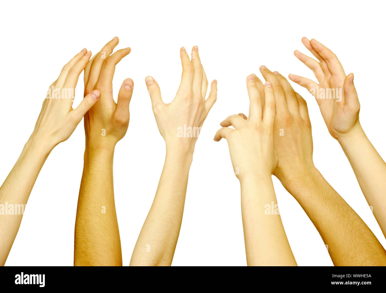 Many hand lifted up on white background Stock Photo - Alamy