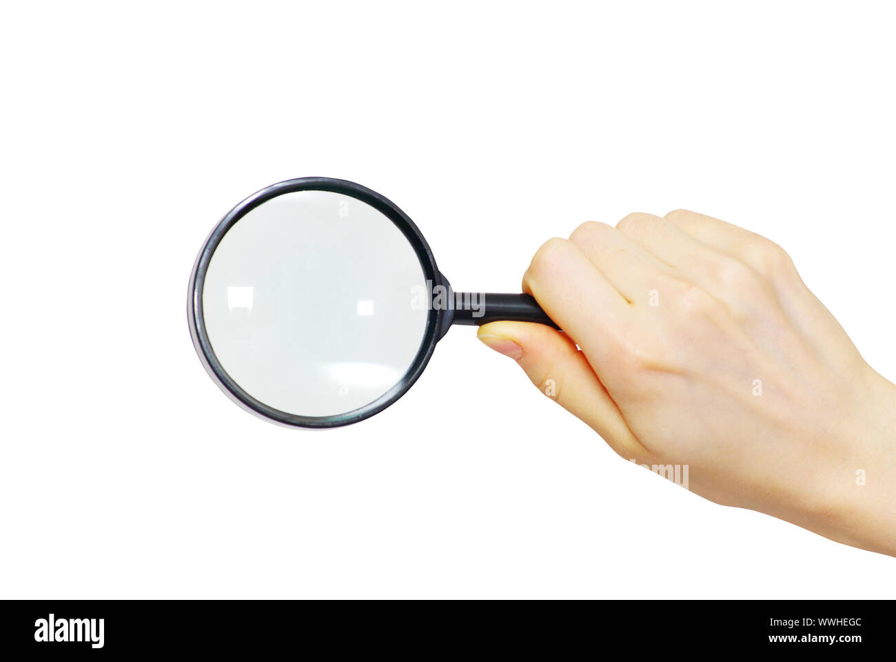 hand holding a magnifying glass on white Stock Photo - Alamy