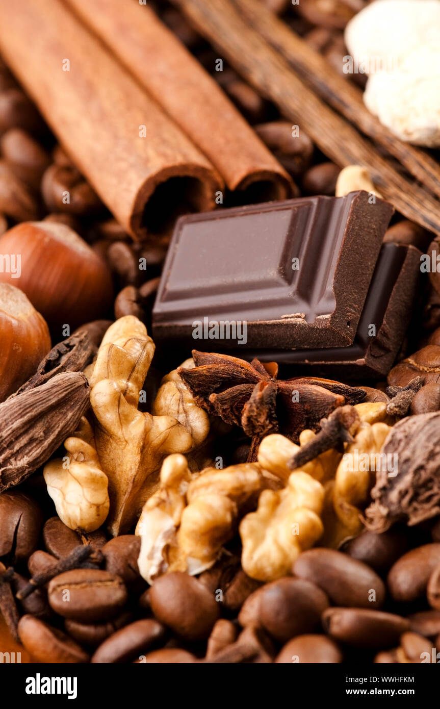 chocolate with coffee beans, spices and nuts Stock Photo - Alamy