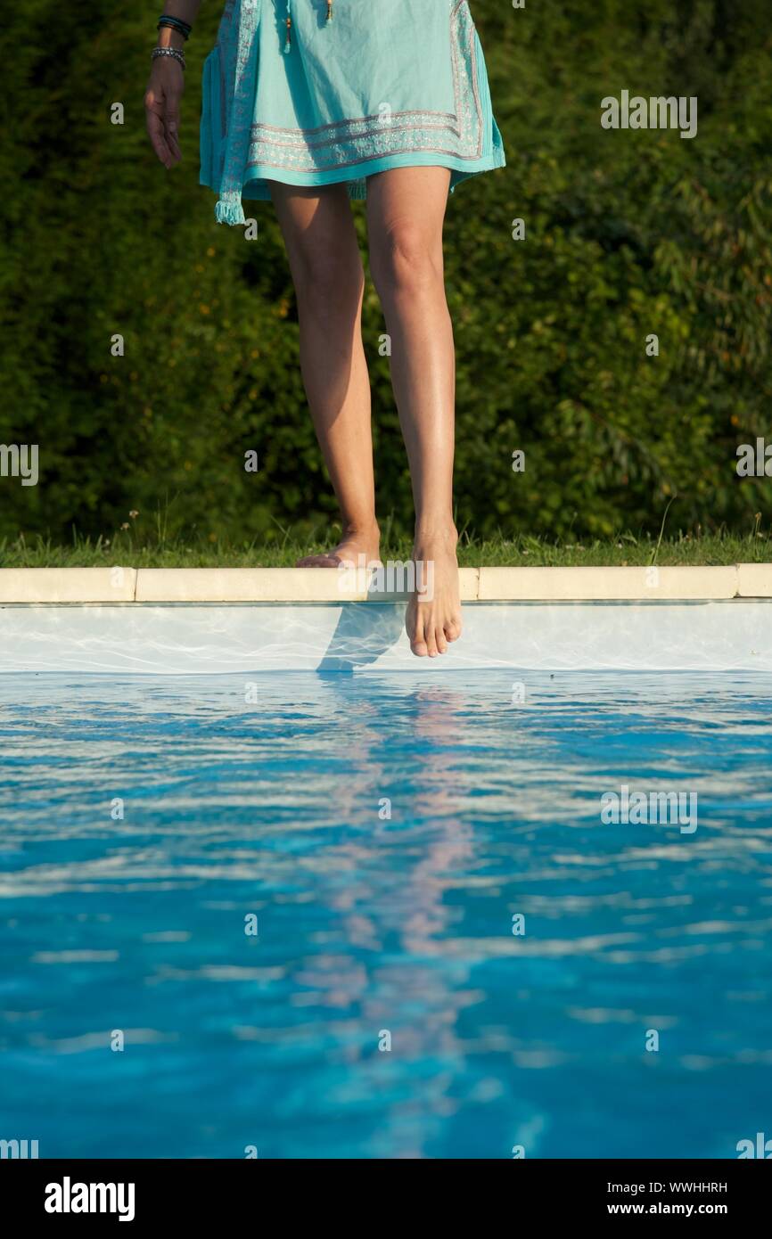woman barefoot at swimming pool border in Asturias Spain Stock Photo ...