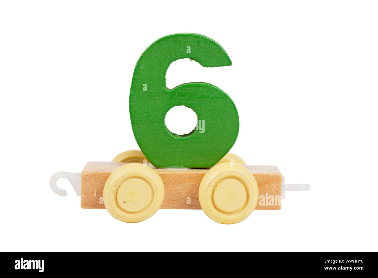 Wooden toy on a wheels number 6 isolated over white Stock Photo - Alamy