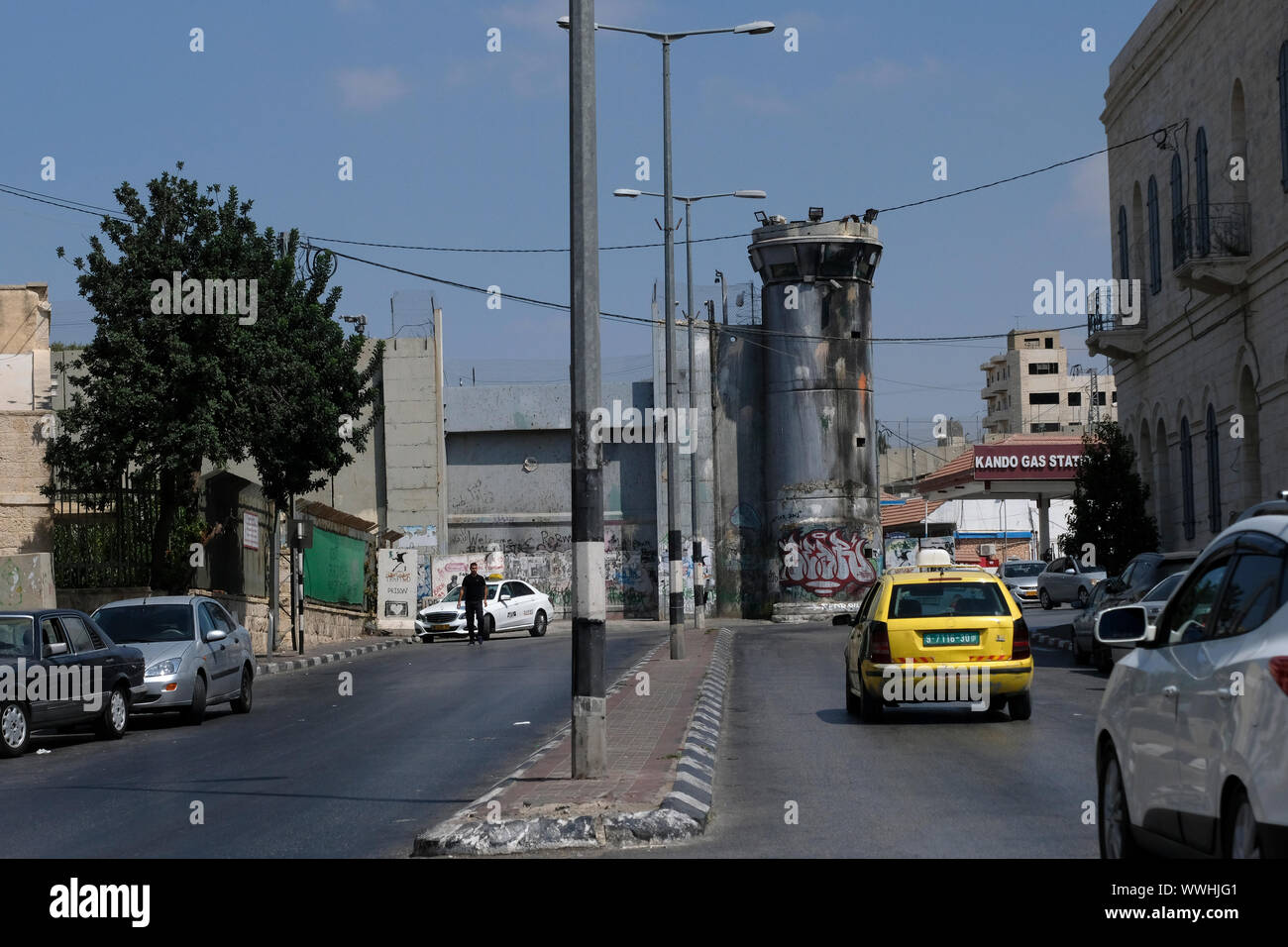 An Israeli military watchtower on a section of the separation barrier ...