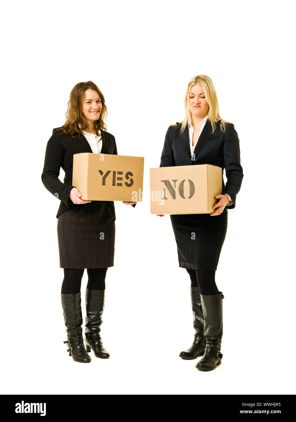 Two women with Cardboard boxes isolated on white background Stock Photo ...