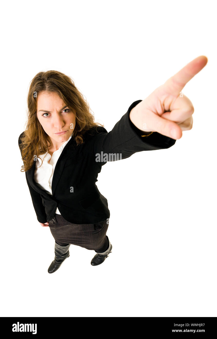 Pointing woman isolated on white background Stock Photo - Alamy