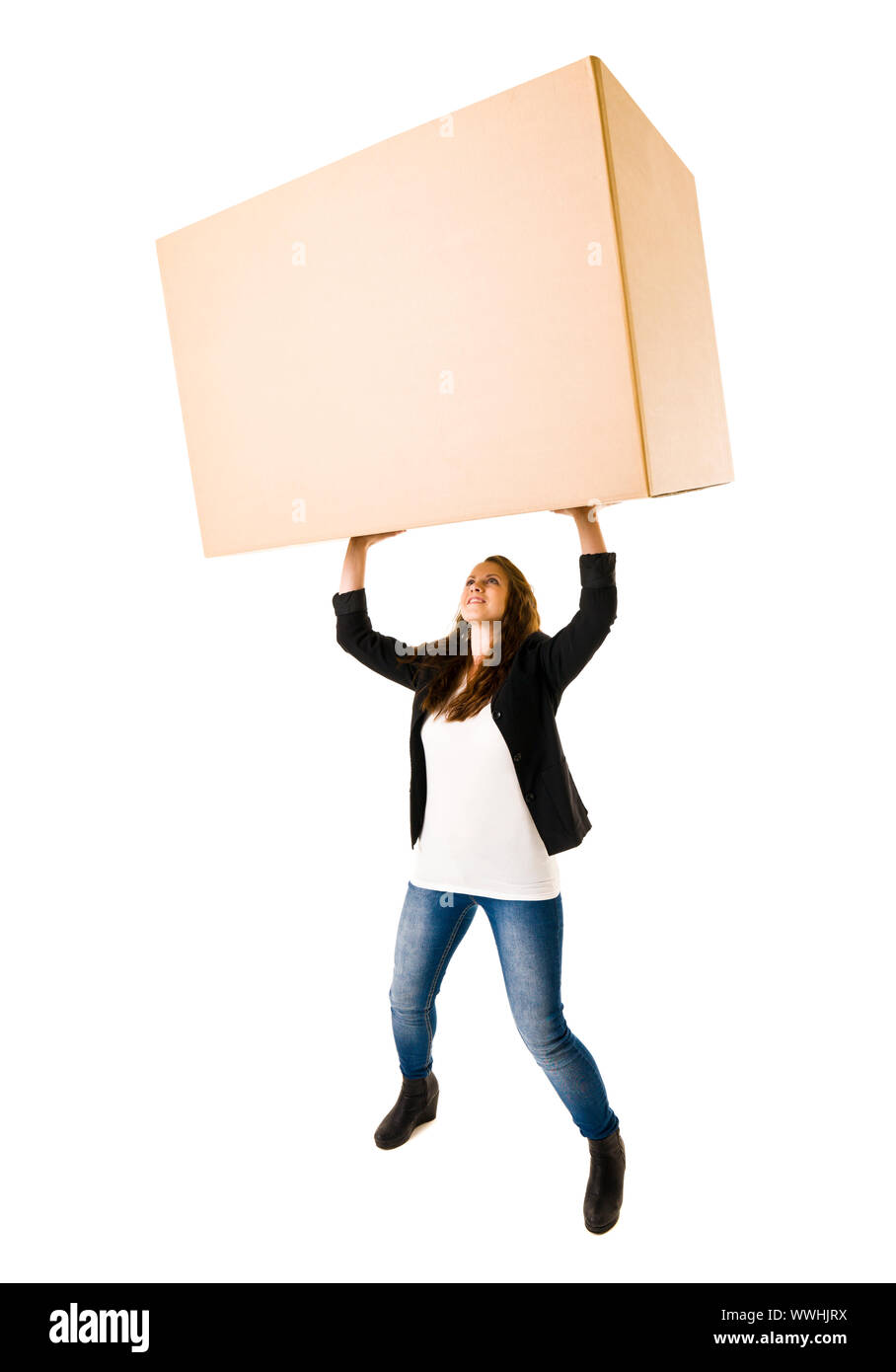 Woman with a very large Cardboard Box over her Head Stock Photo - Alamy