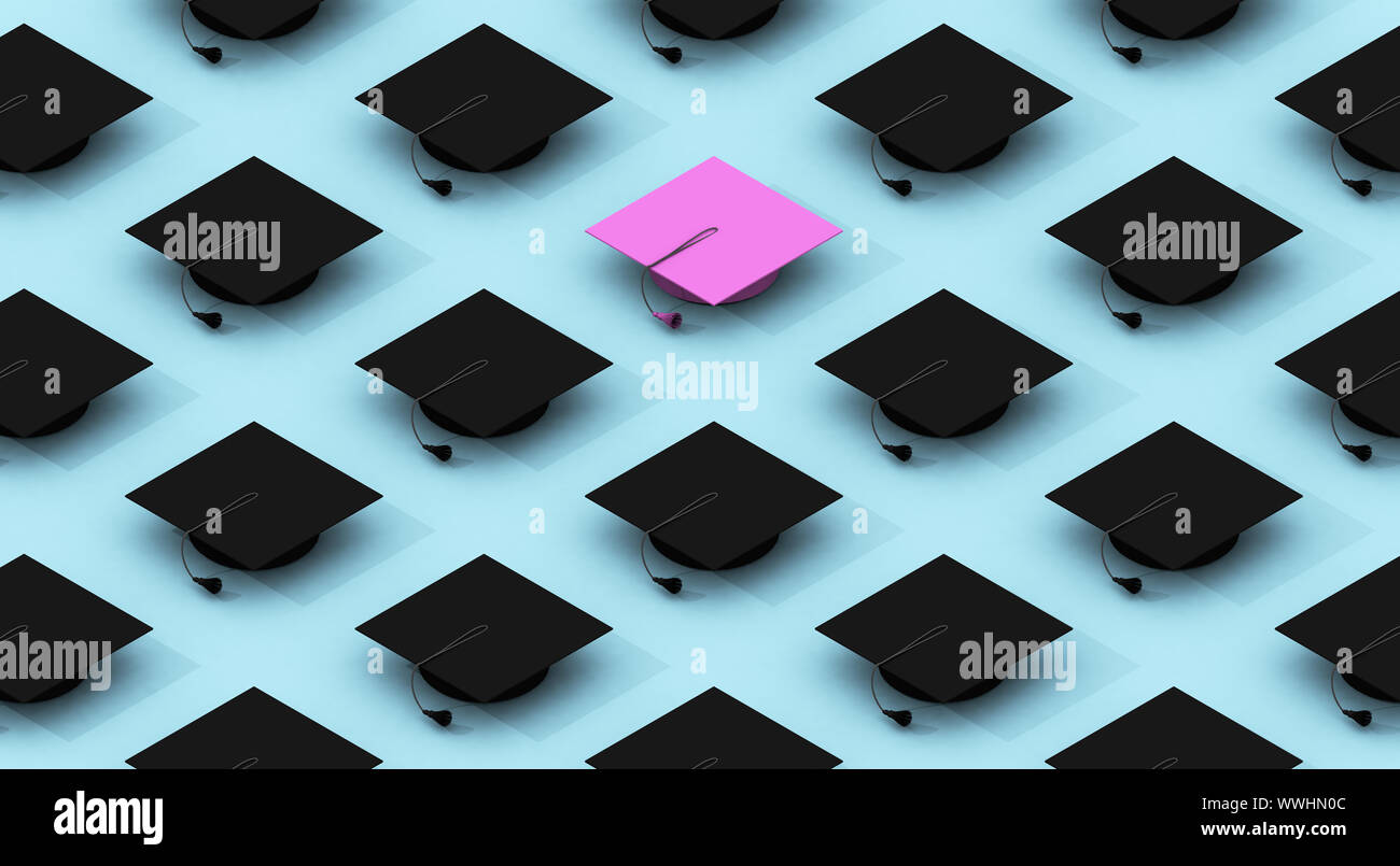 Minimalist composition pattern with black graduation caps on a blue ...