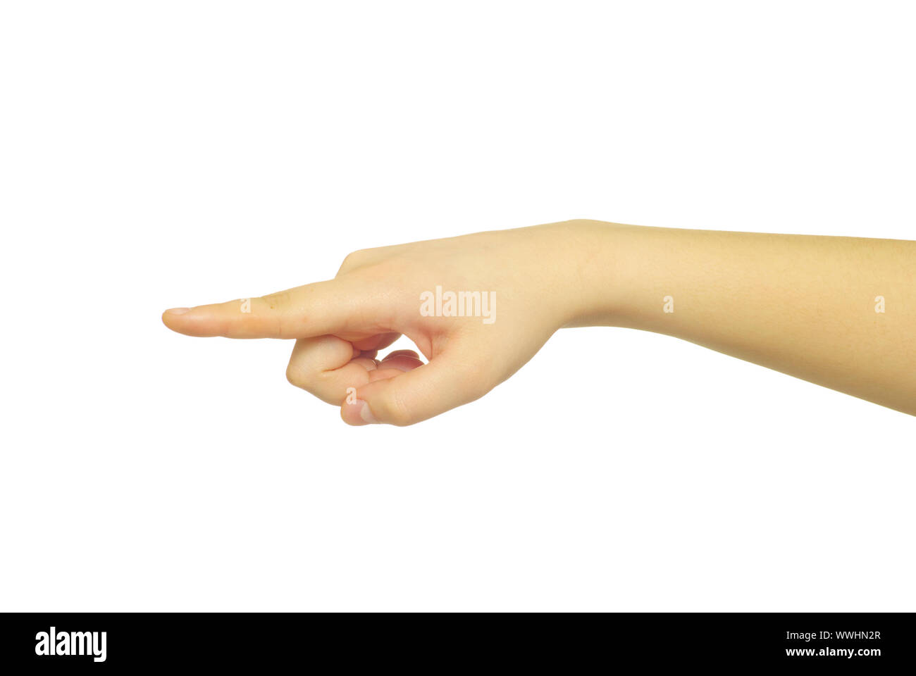 hand pointing with index finger against a white background Stock Photo ...