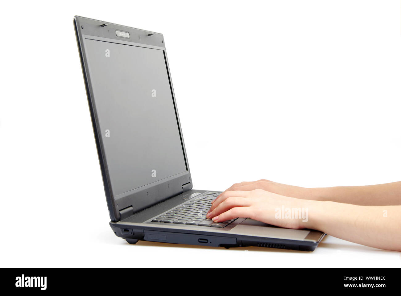 hands on the laptop isolated on white background Stock Photo - Alamy