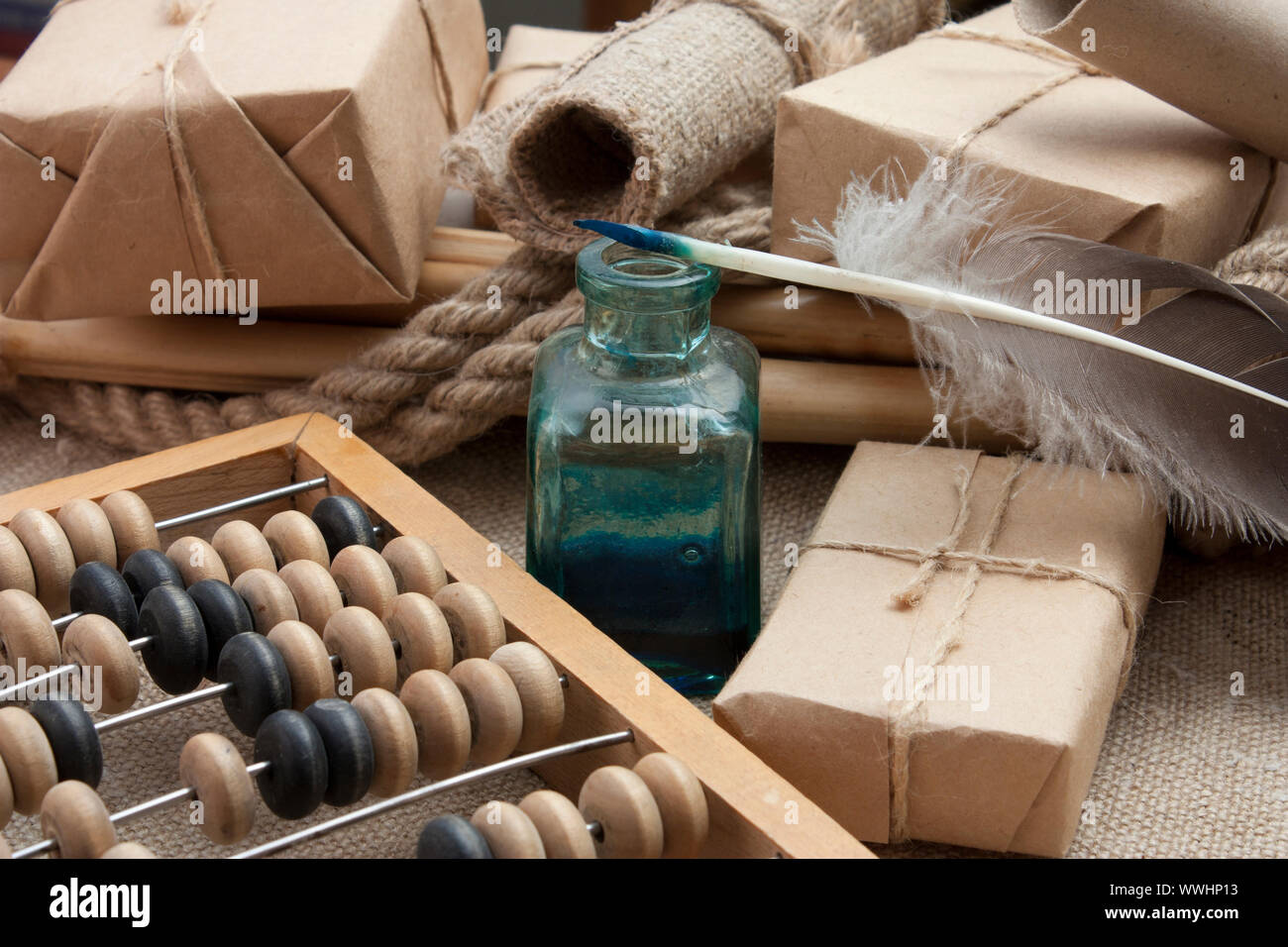 Still Life in a warehouse with abacus in old-style Stock Photo - Alamy
