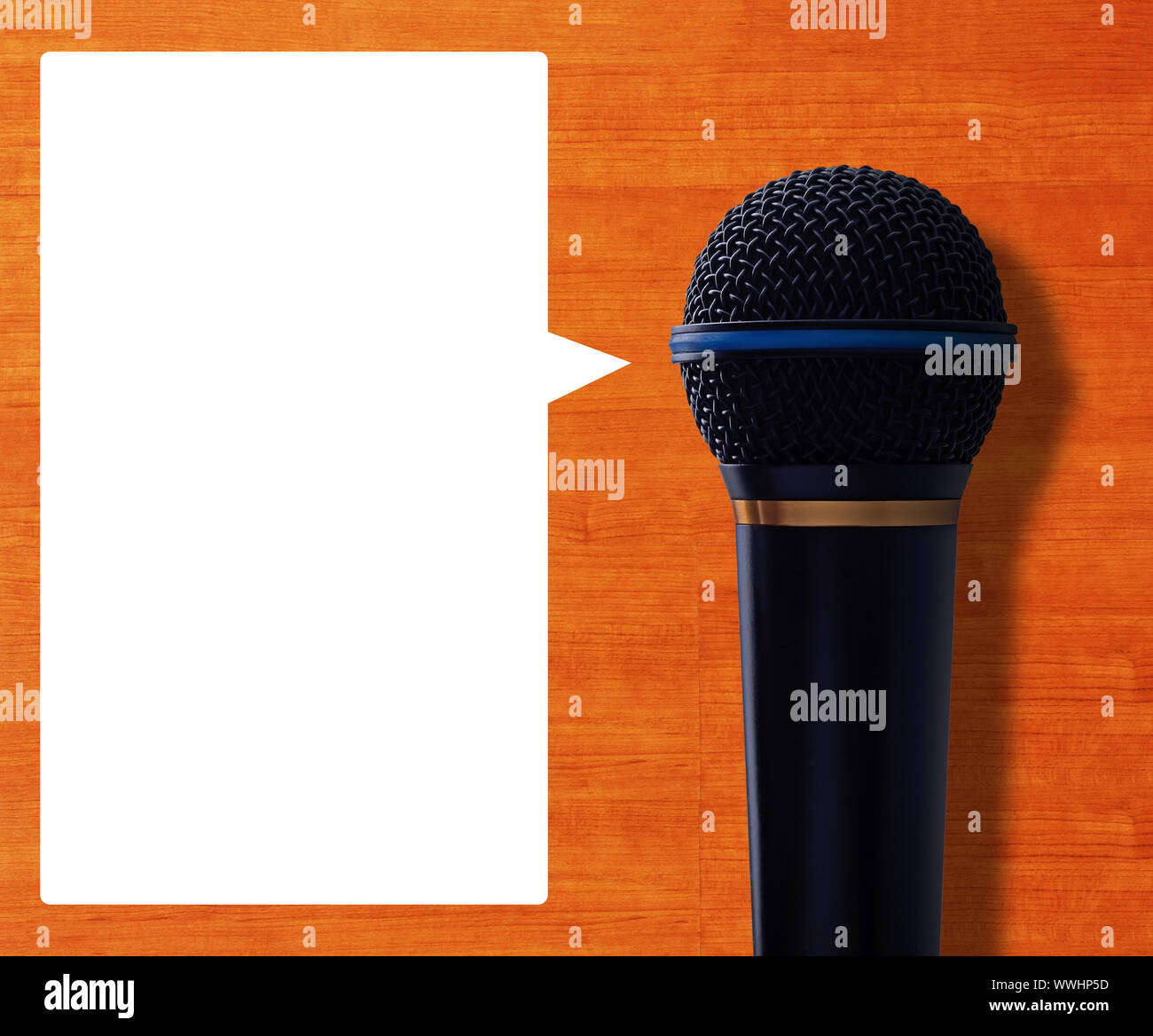 Journalist interview concept, speak microphone on wood background Stock ...