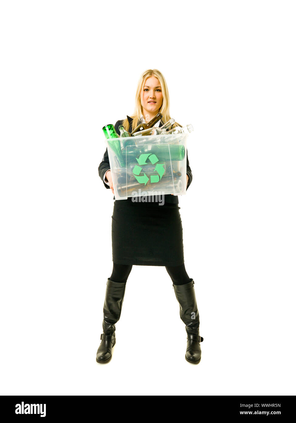 Recycling woman isolated on white background Stock Photo - Alamy