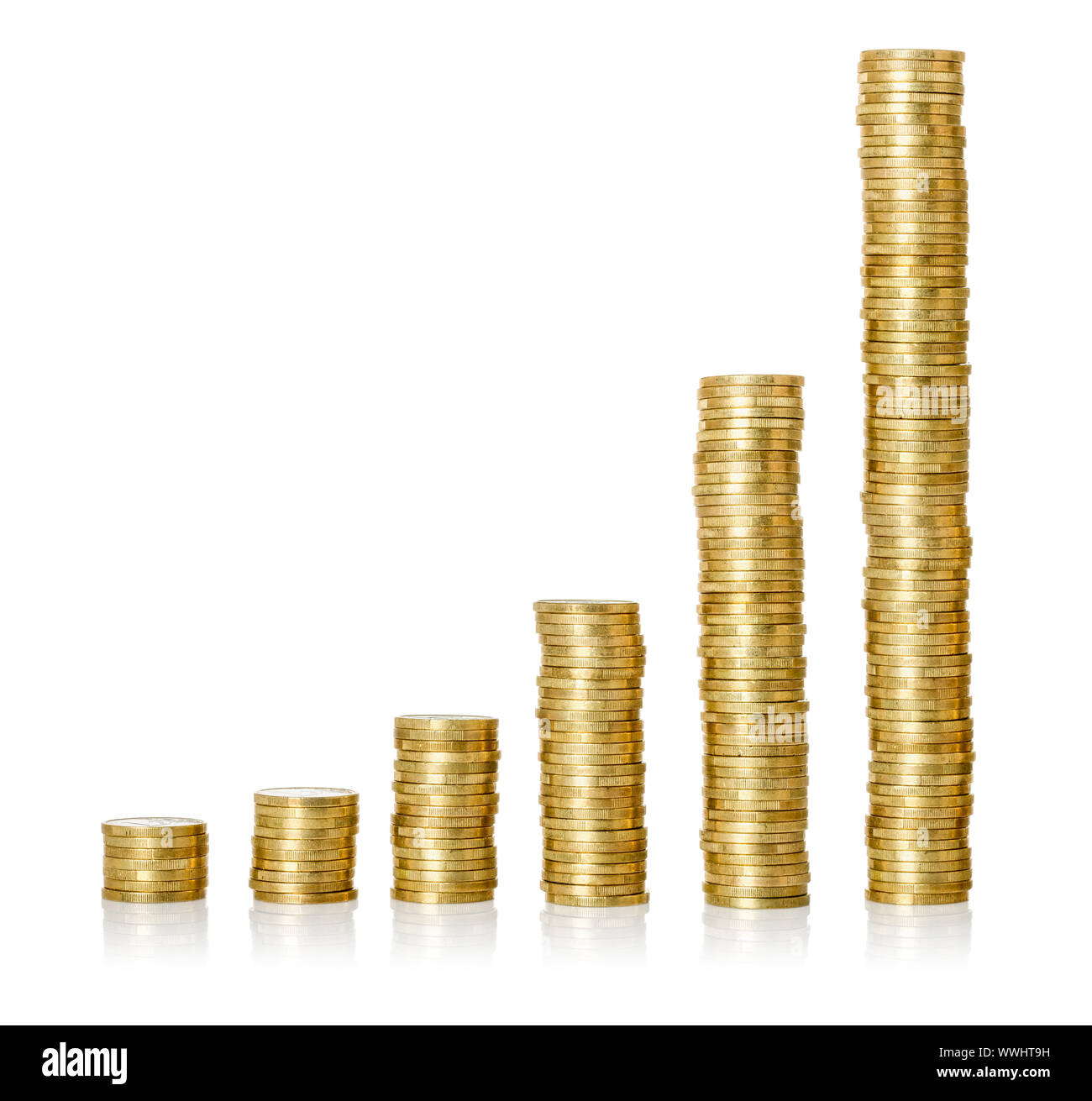 Golden coin stacks on a white background Stock Photo - Alamy