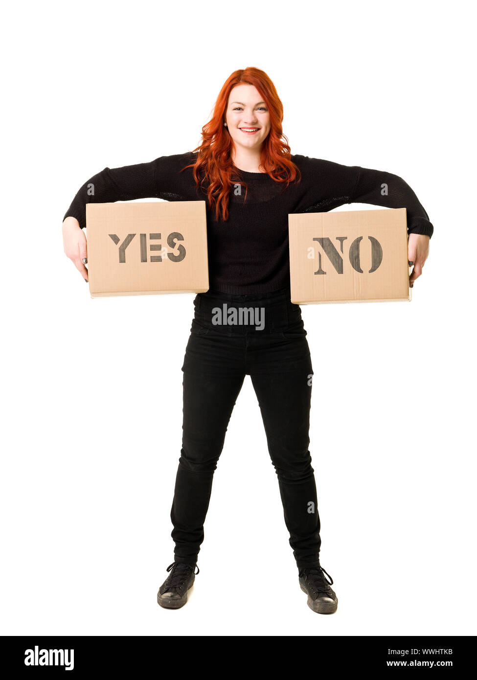 Woman with two options isolated on white background Stock Photo - Alamy