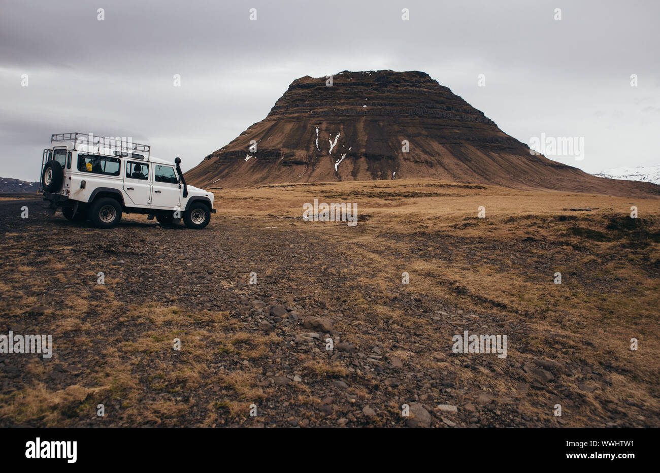 ICELAND, KIRKJUFELL, 16TH APRIL 2018. The land Rover defender parked in ...