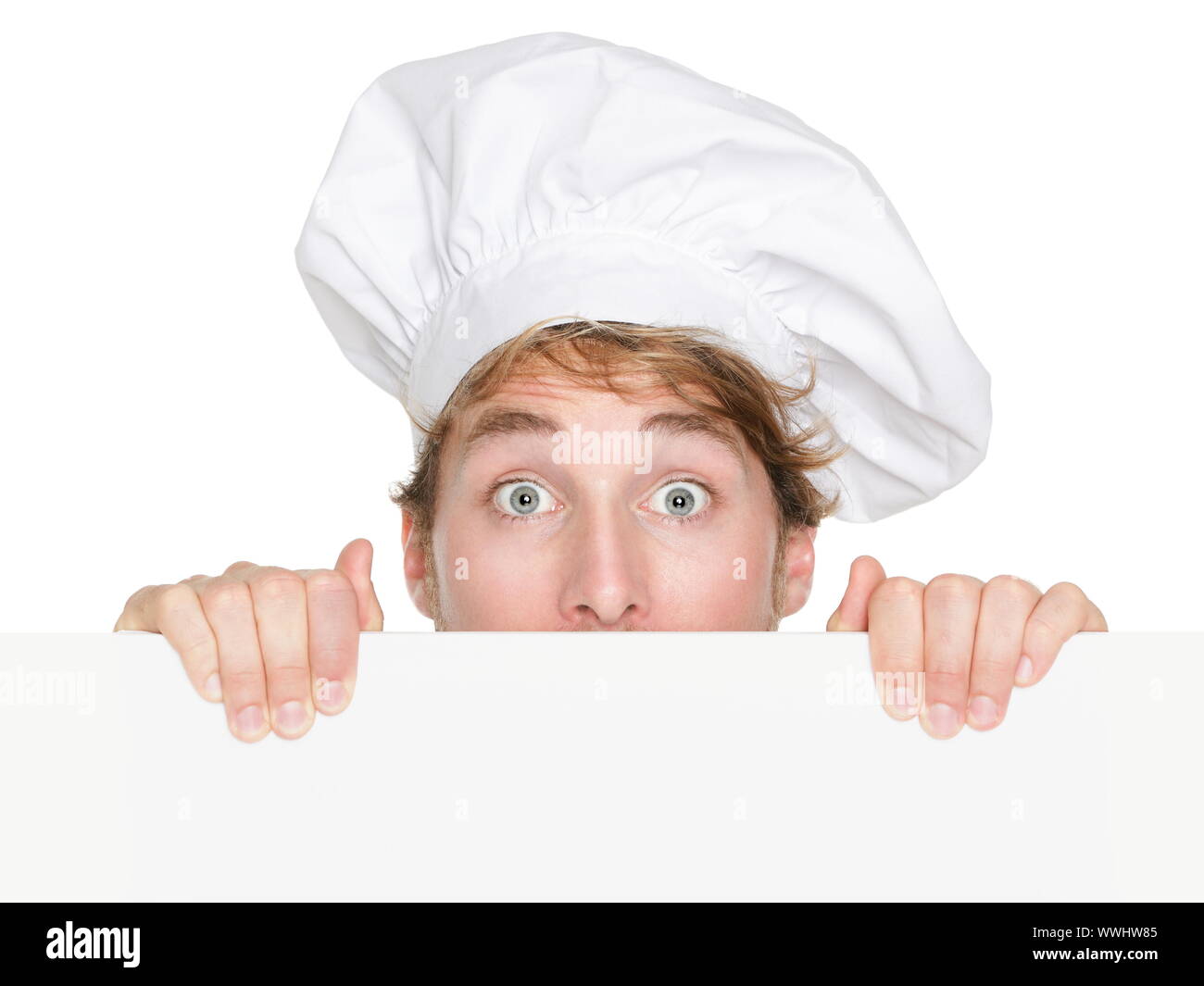 Chef sign. Man chef, cook or baker peeking up holding blank white paper ...