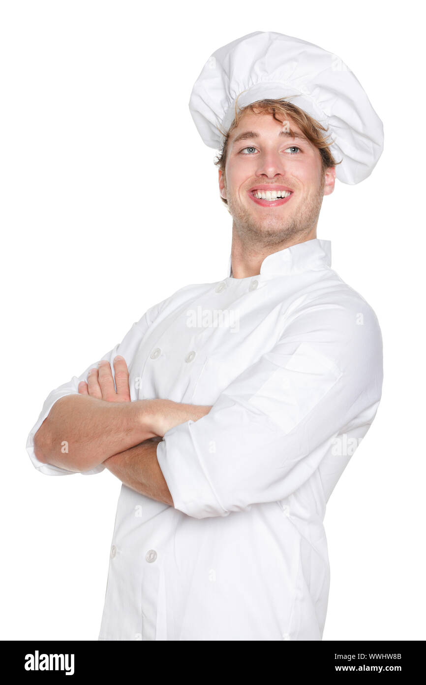 Chef man. Proud portrait of smiling happy cook, chef or baker wearing ...
