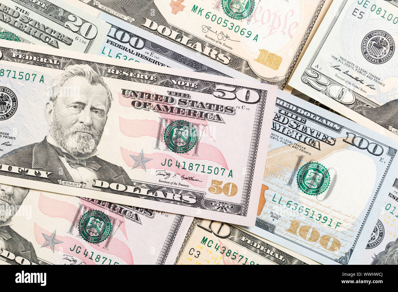 50 dollar bill on Dollar banknotes Top view of business concept on ...