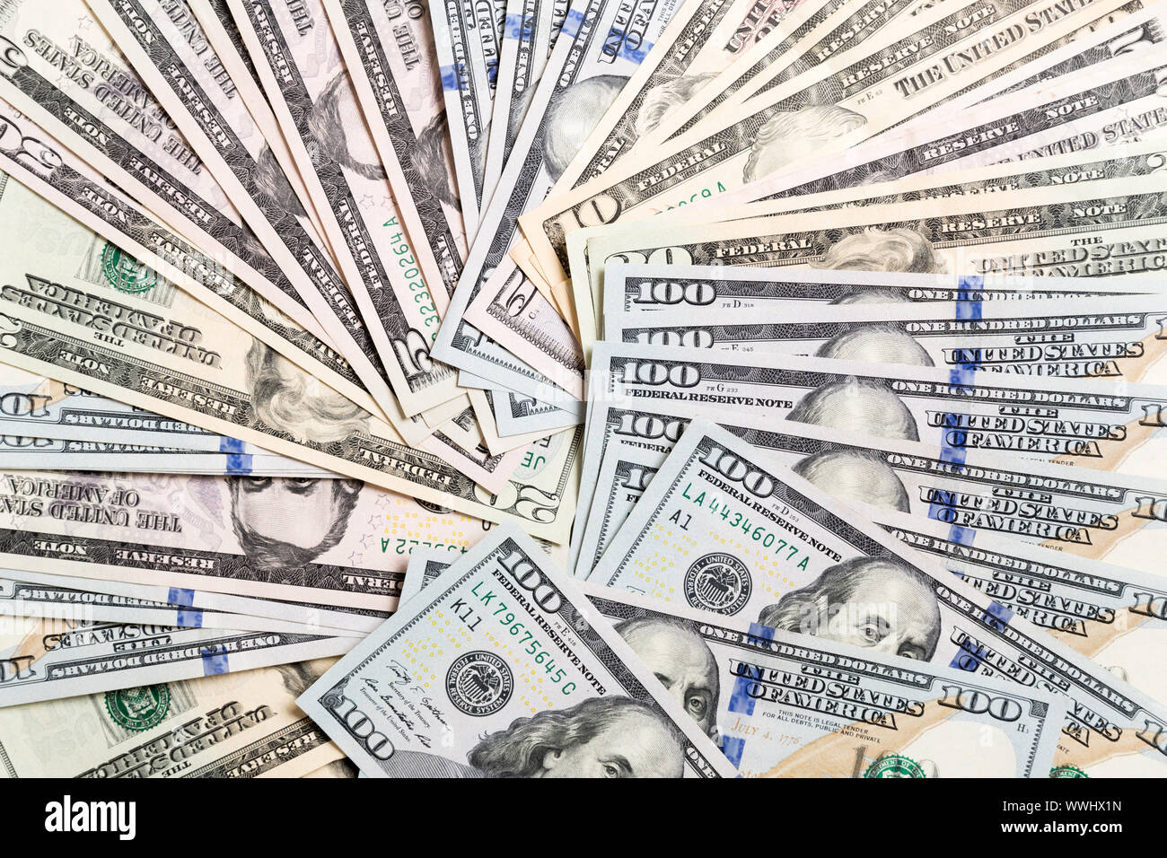 Background with money american hundred dollar bills, horizontal. Top ...