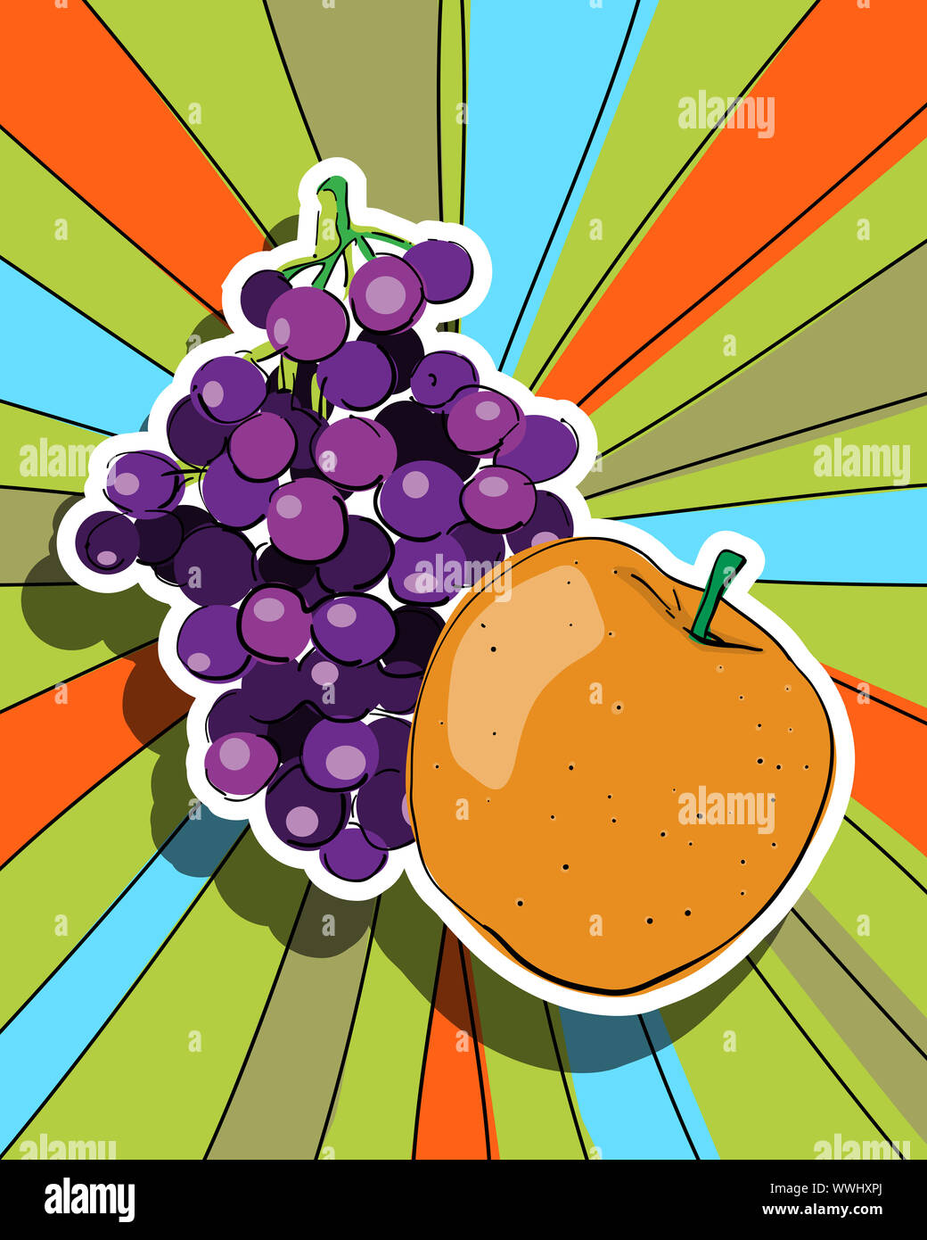 Pop art graphic background with fresh fruits, apple and grapes, healthy ...