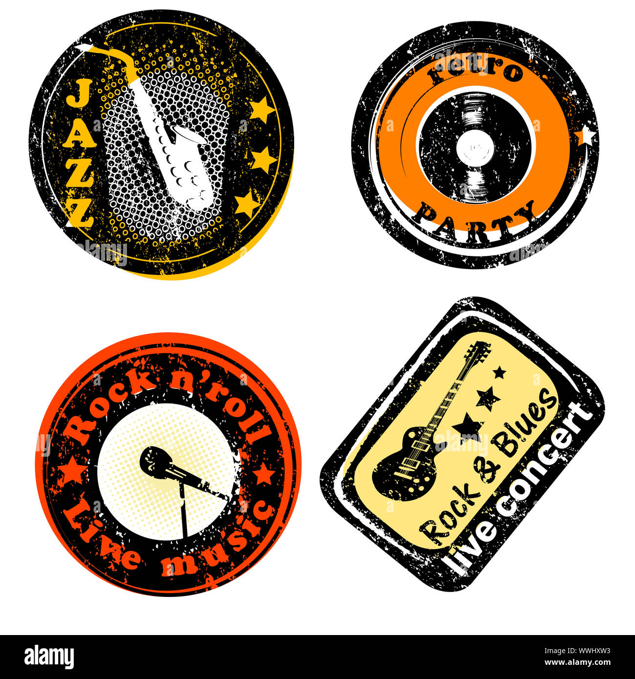 retro stamps for music concerts and parties isolated on white Stock ...