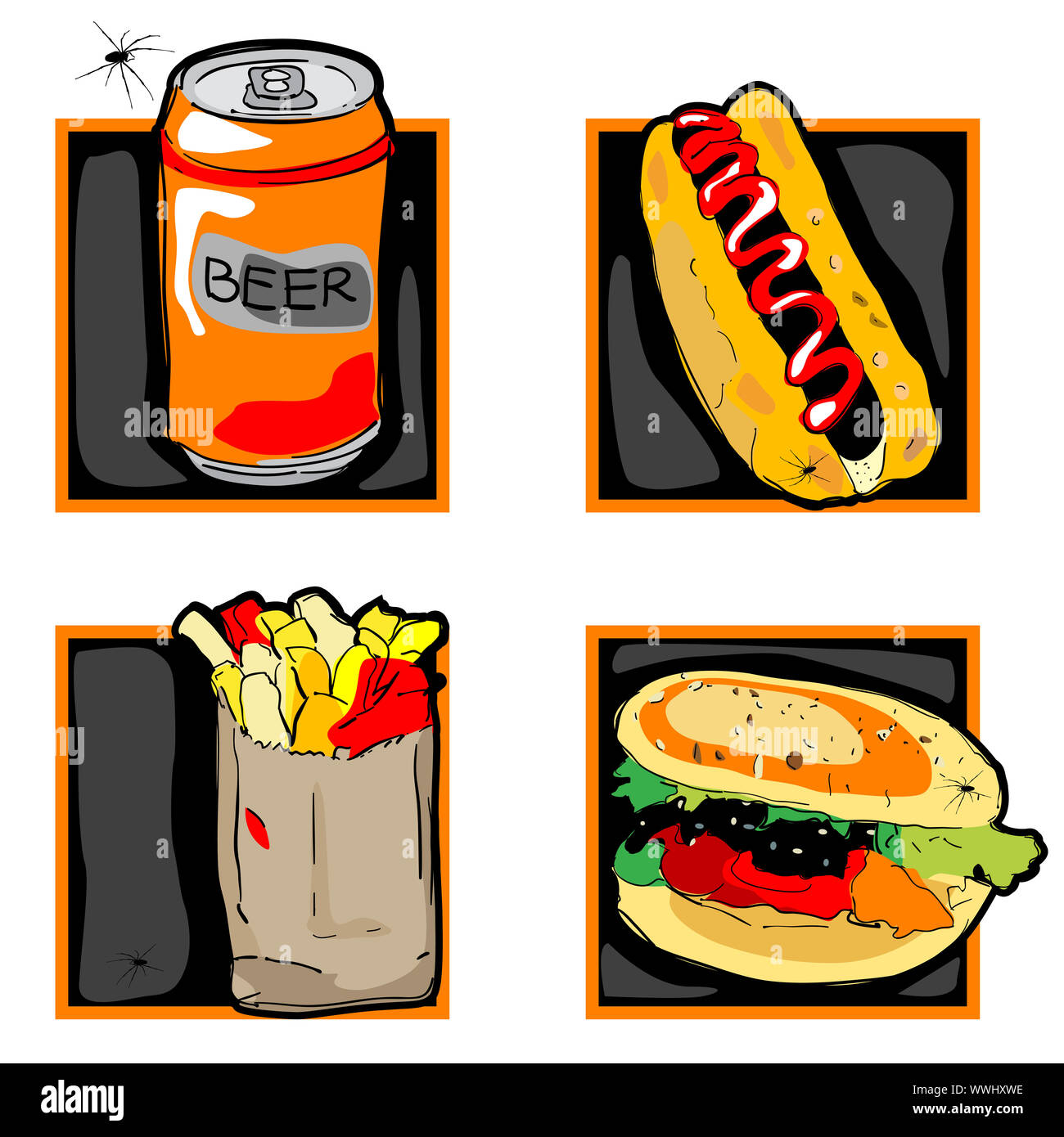 halloween set of scary icons with fast food odd meals, french fries ...