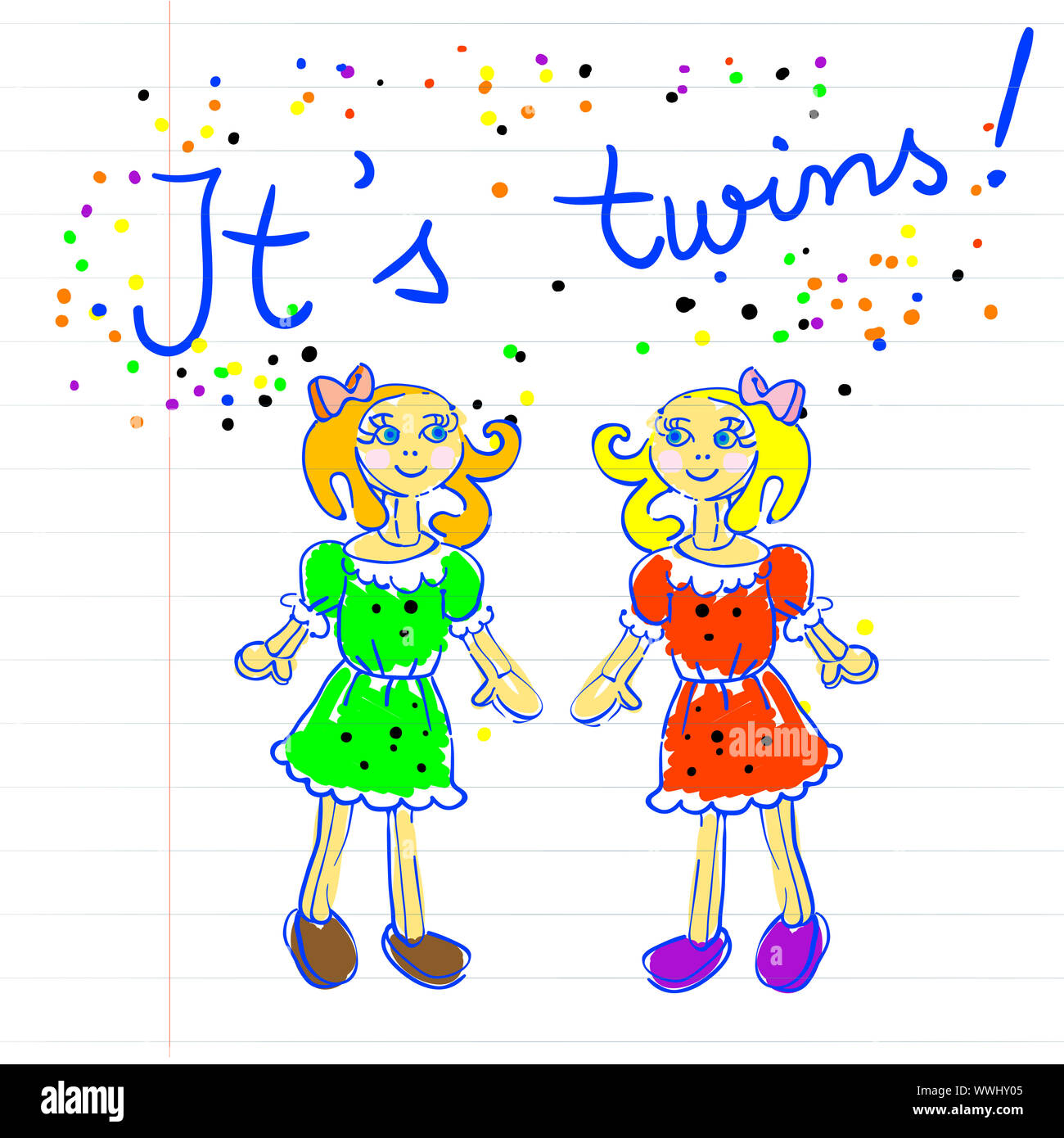 baby arrival childlike marker drawing of two little girls on a piece of ...