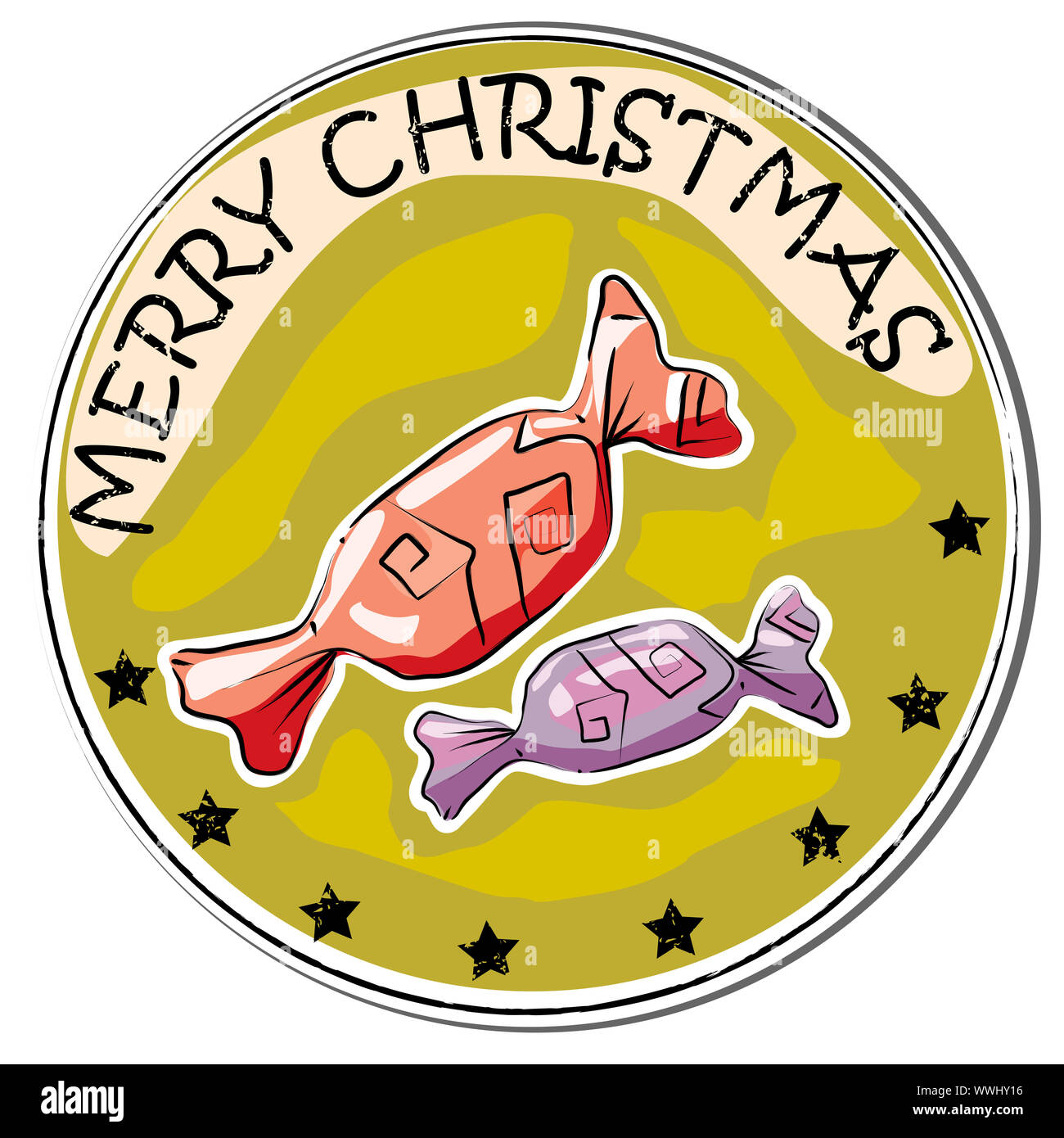 merry christmas retro sticker with two candies isolated on white Stock ...