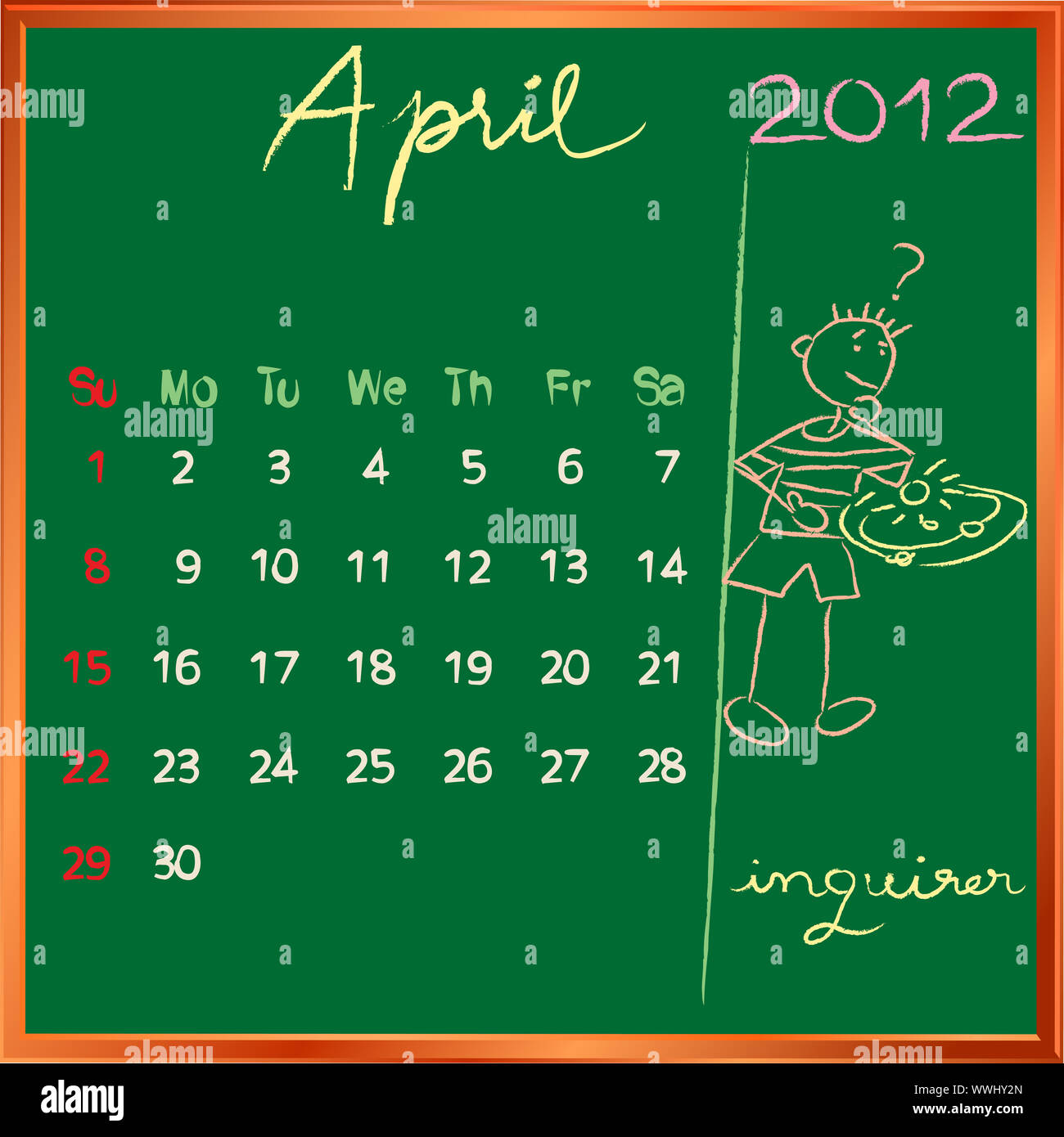 2012 calendar on a blackboard, april design with the happy inquirer ...