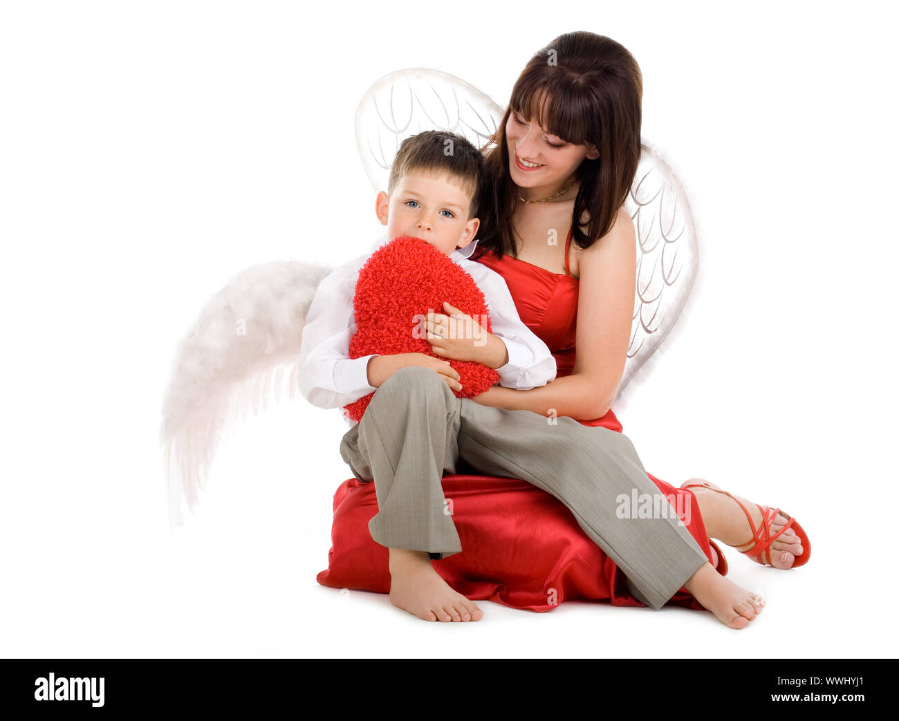 Angel mother with young angel child on isolated background Stock Photo ...