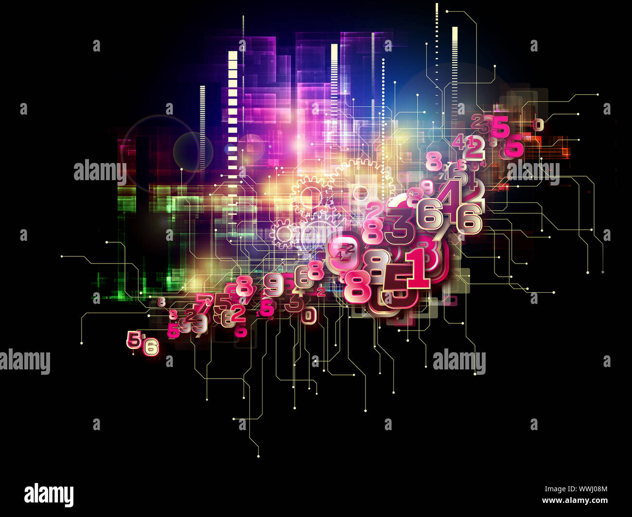 Interplay of electronic circuitry, digits and design elements on the ...