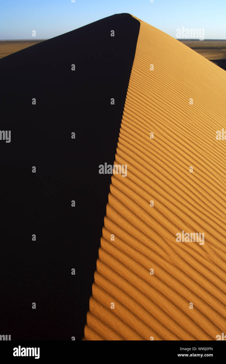 Untouched sharp ridge of a sand dune with wind generated ribbed sand ...