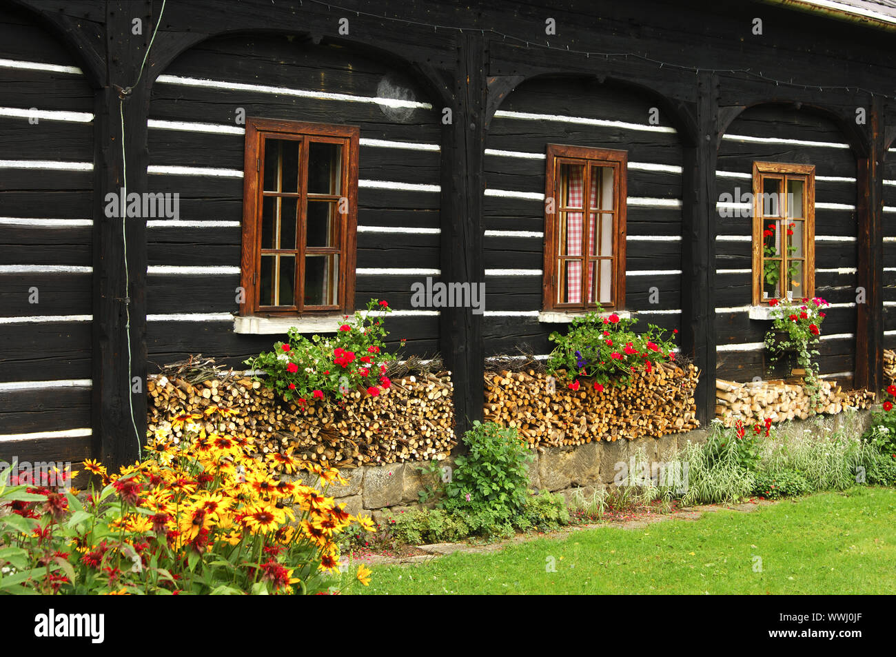 Flower-decorated windows on a traditional Upper Lusatian half-timbered ...