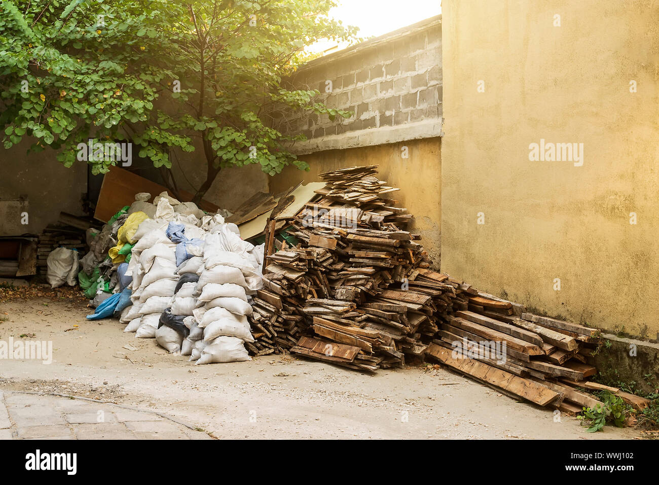 Construction garbage after apartment repair. Pile of construction waste ...