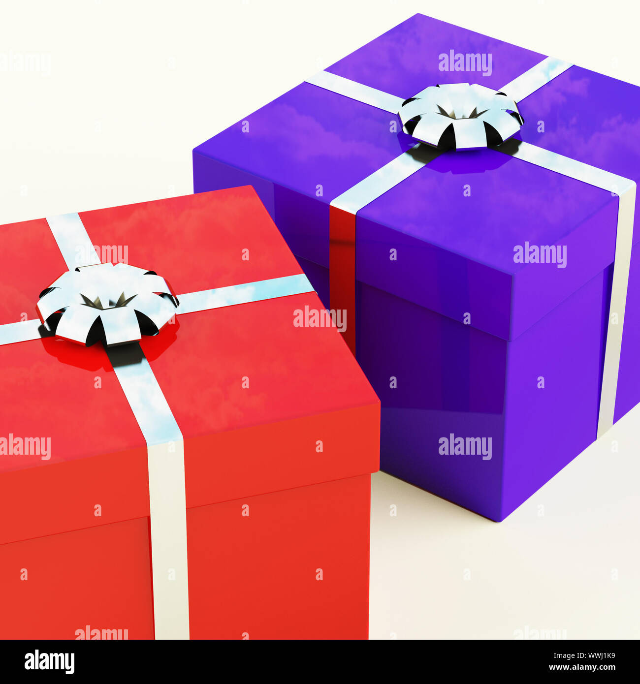 Red And Blue Gift Boxes With Silver Ribbons As Present For Him And Her ...