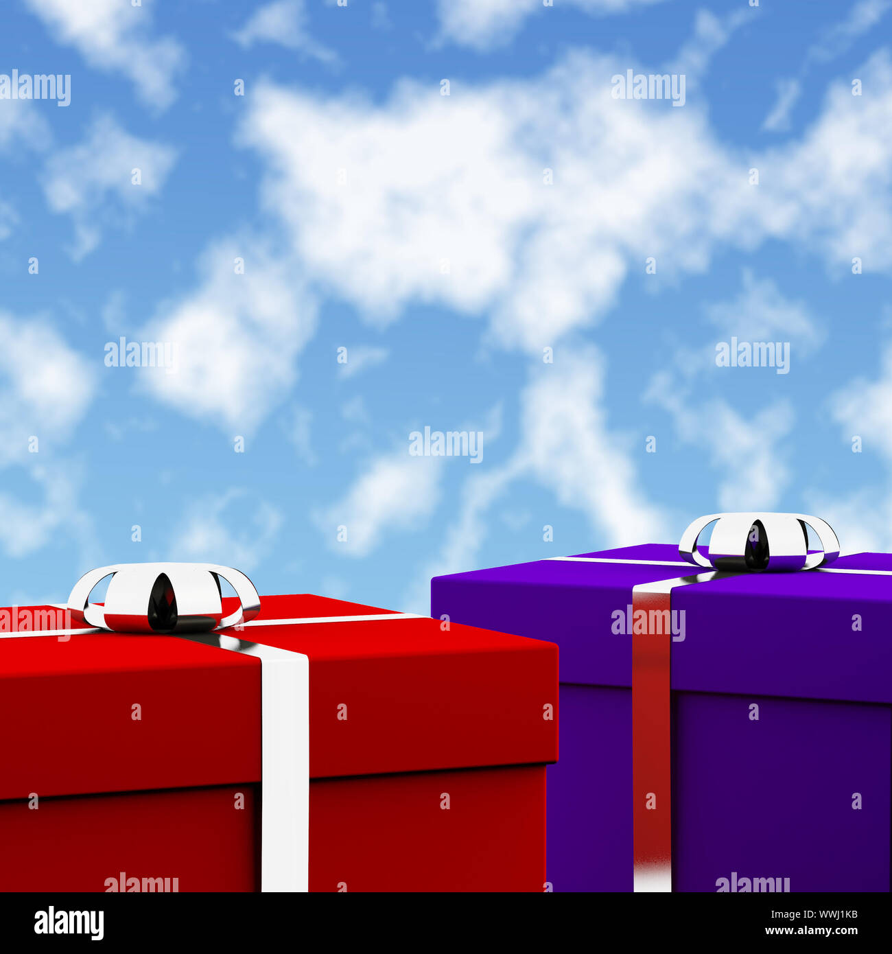 Red And Blue Gift Boxes With Sky Background As Present For Him And Her ...