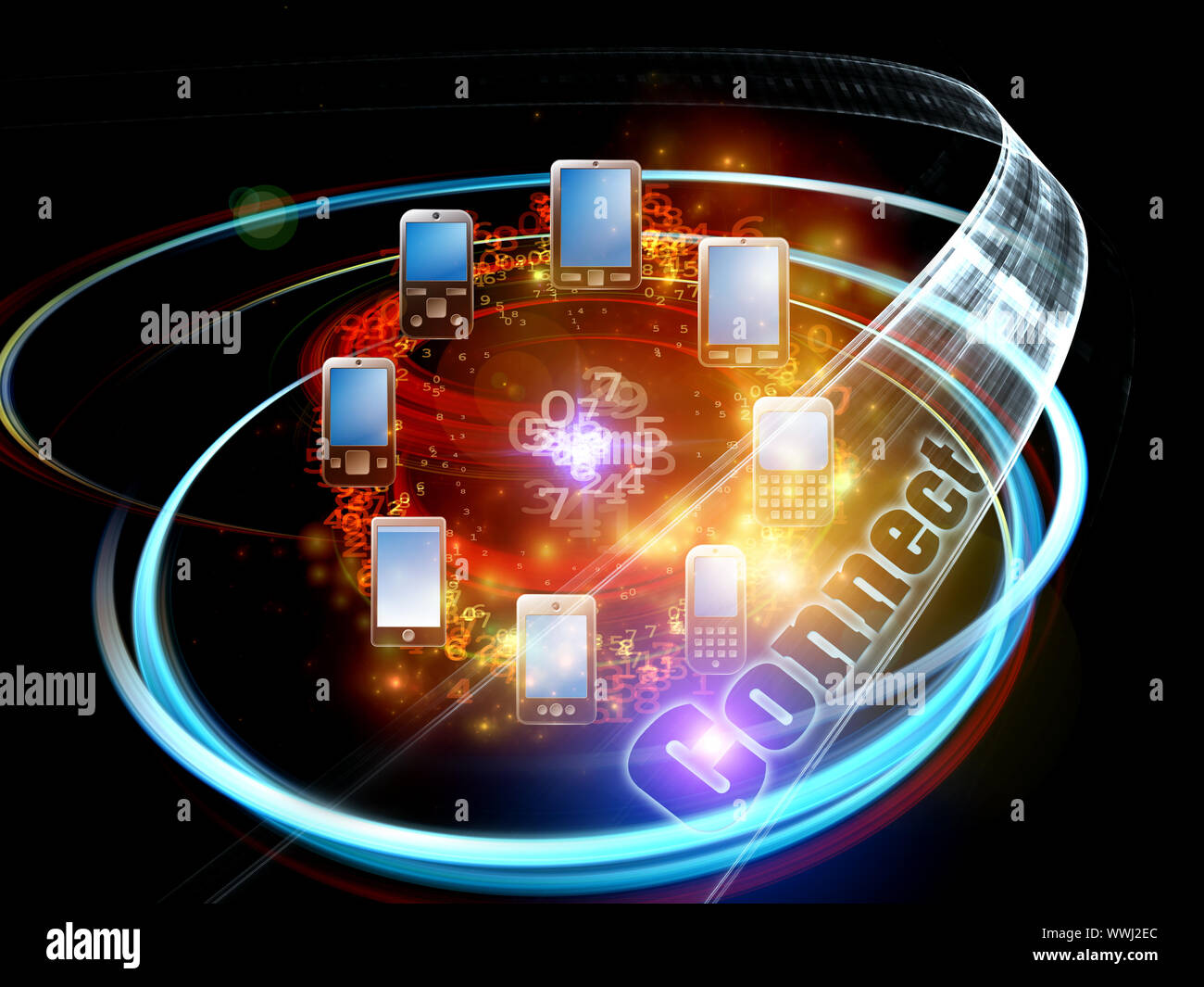 Rendering of cellular phones, connect wording and abstract design ...