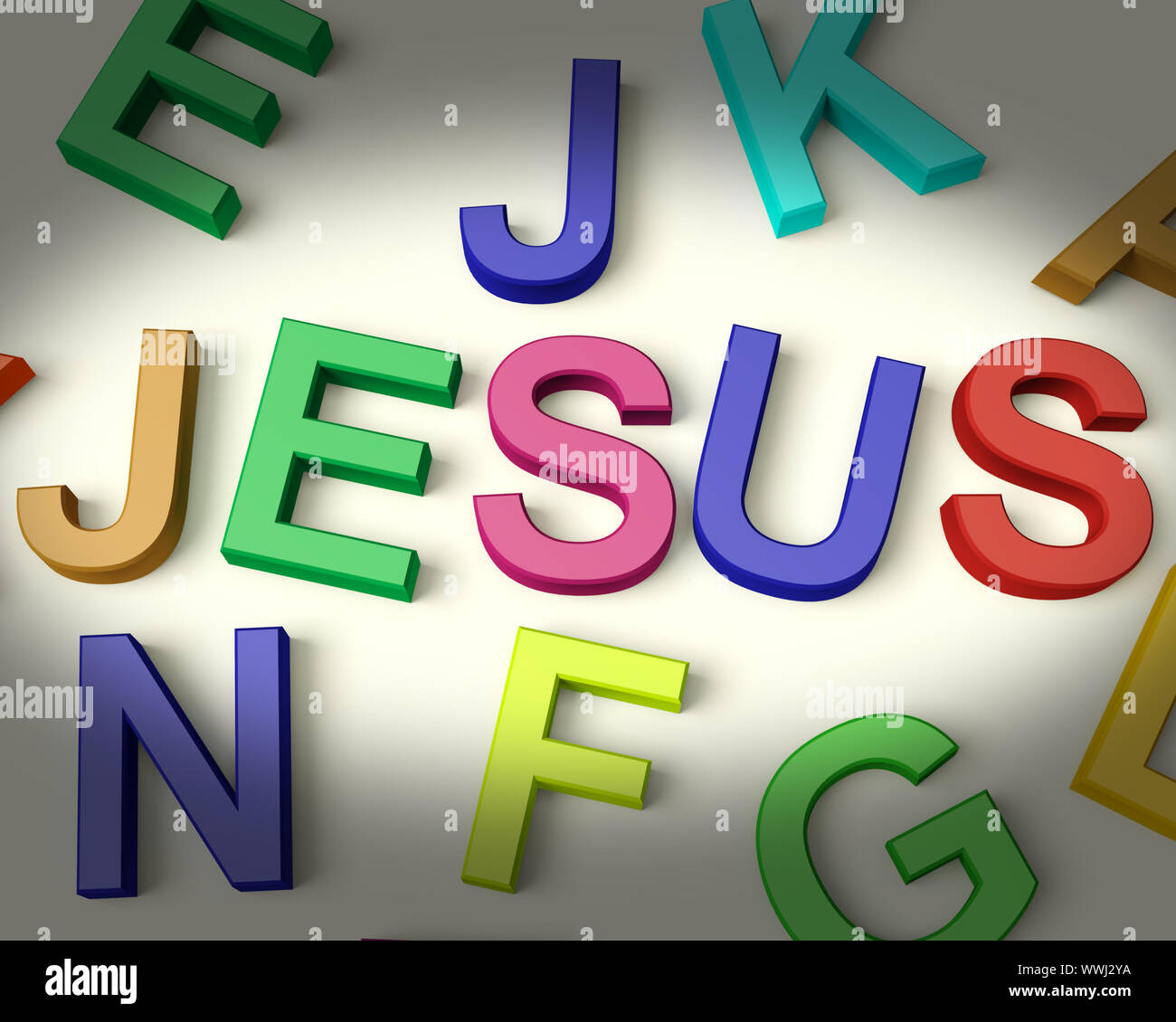 Jesus Written In Multicolored Plastic Kids Letters Stock Photo - Alamy