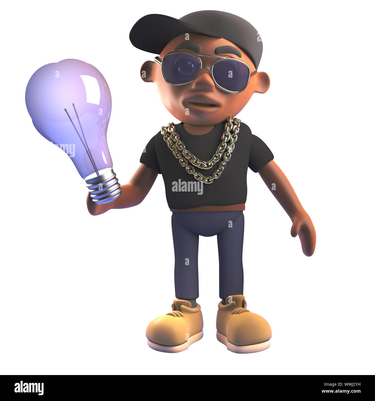 3d cartoon black hiphop rapper in baseball cap holding an incandescent ...
