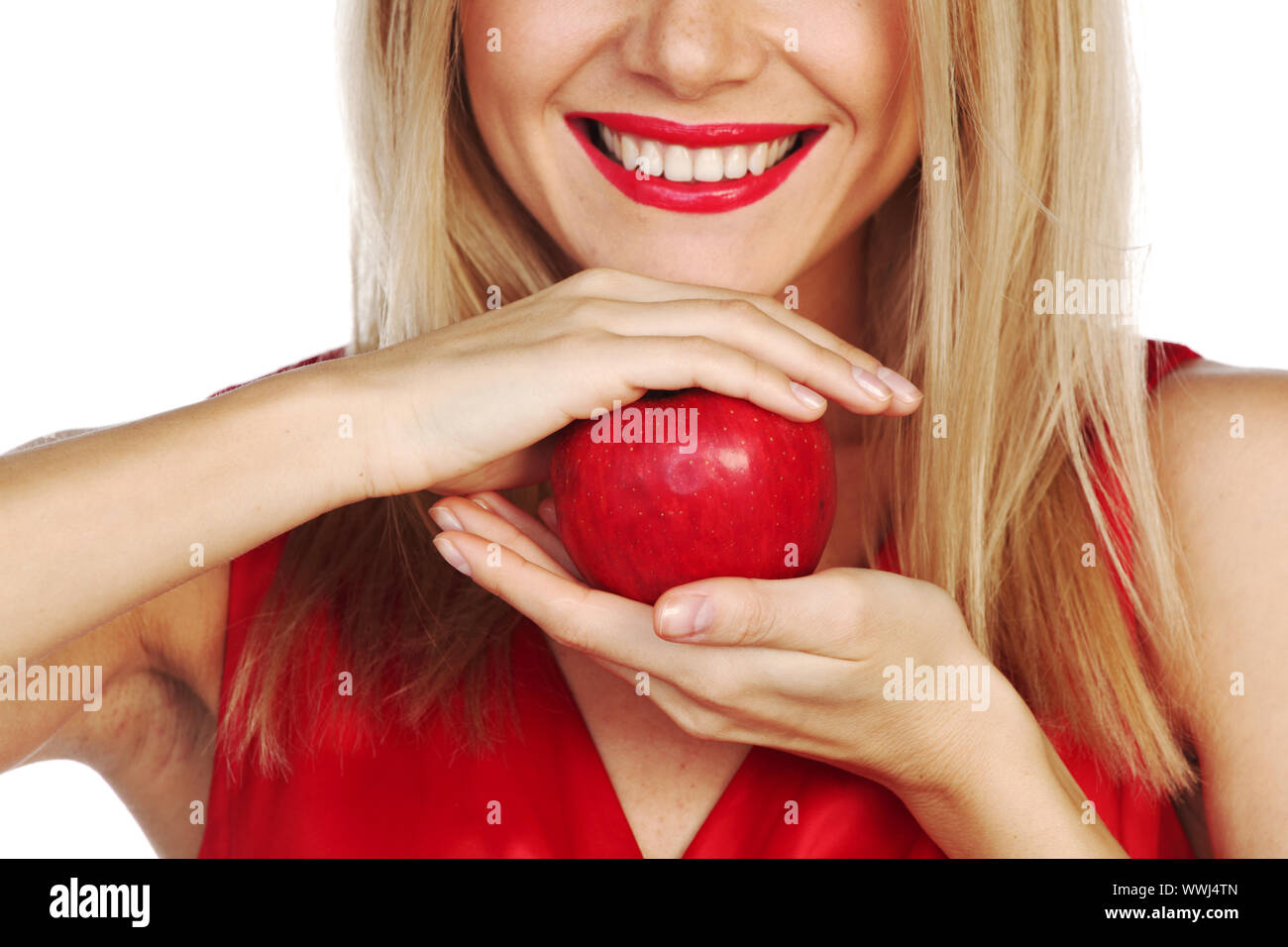 woman eat red apple on white background Stock Photo - Alamy