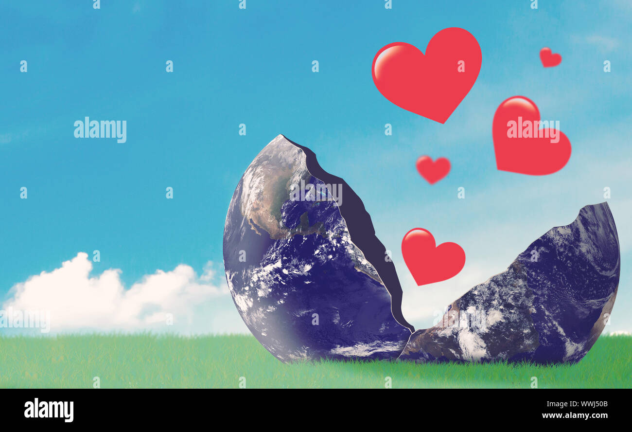 Red heart flying on blue sky background, valentine day, romantic and ...