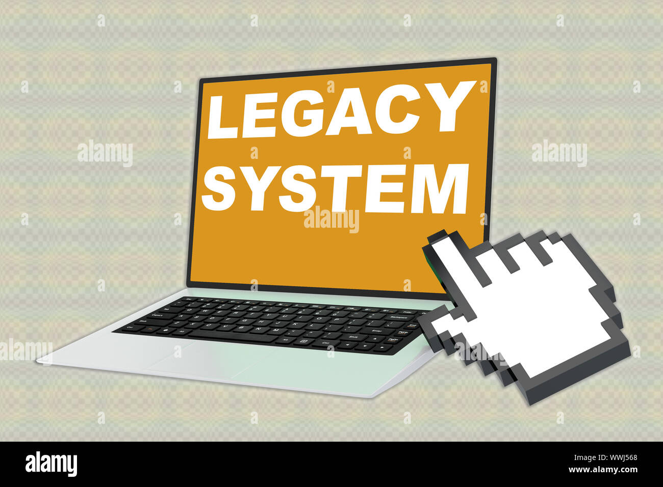 3D illustration of LEGACY SYSTEM script with pointing hand icon ...