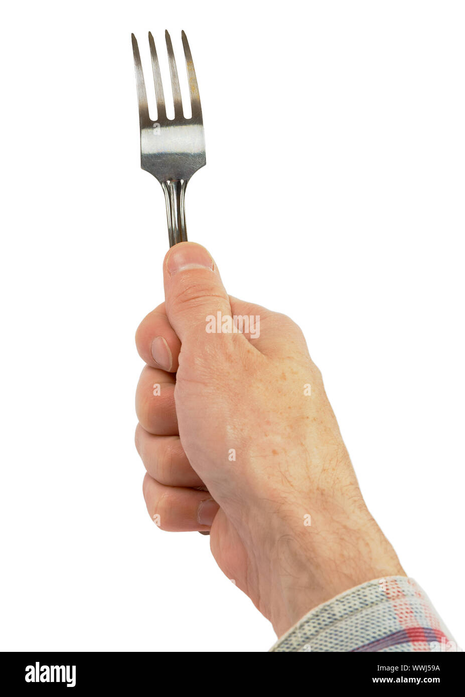 Man's hand holding a fork on a white background Stock Photo - Alamy