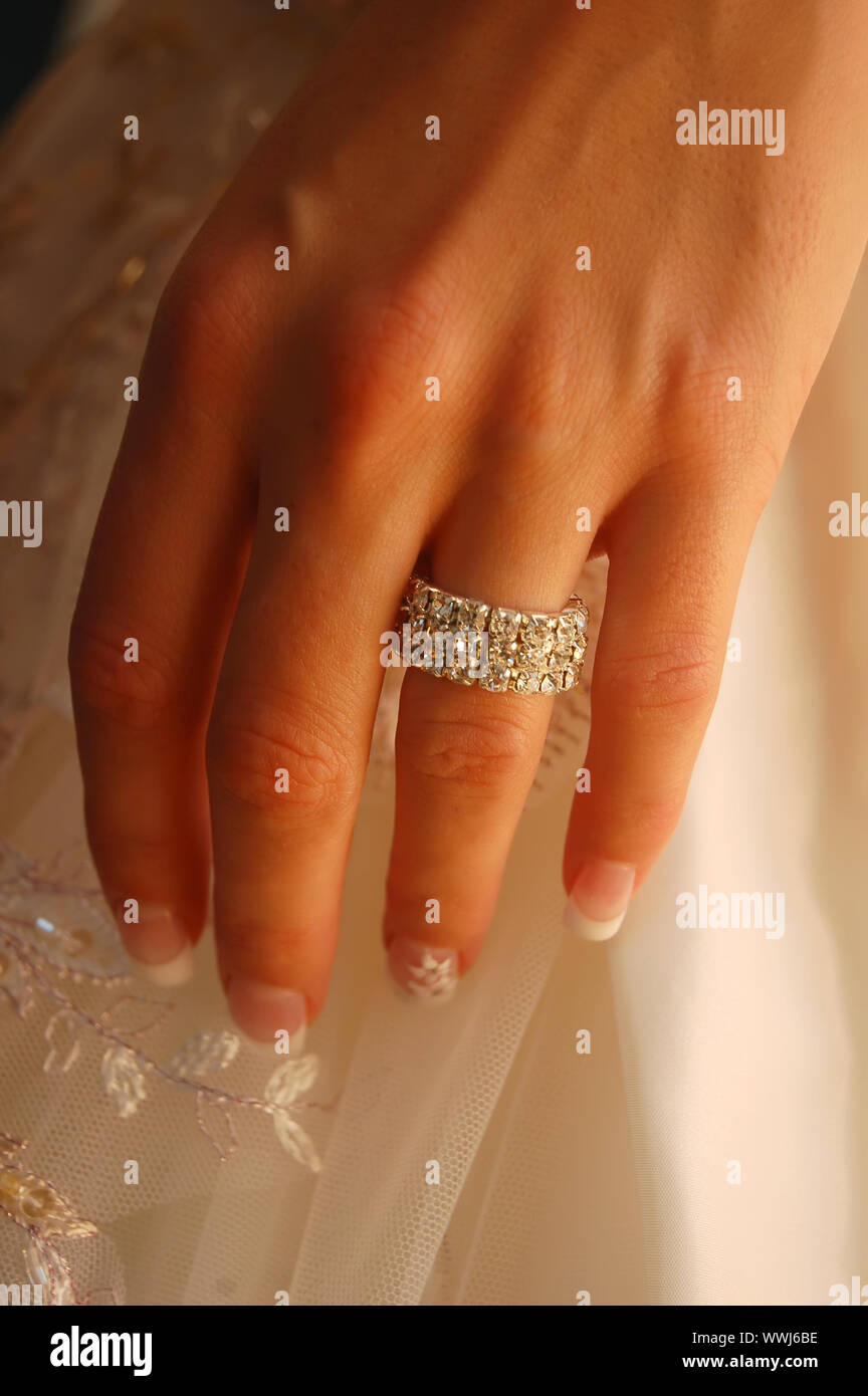 Wedding background. Bride's hand with ring on wedding gown Stock Photo ...