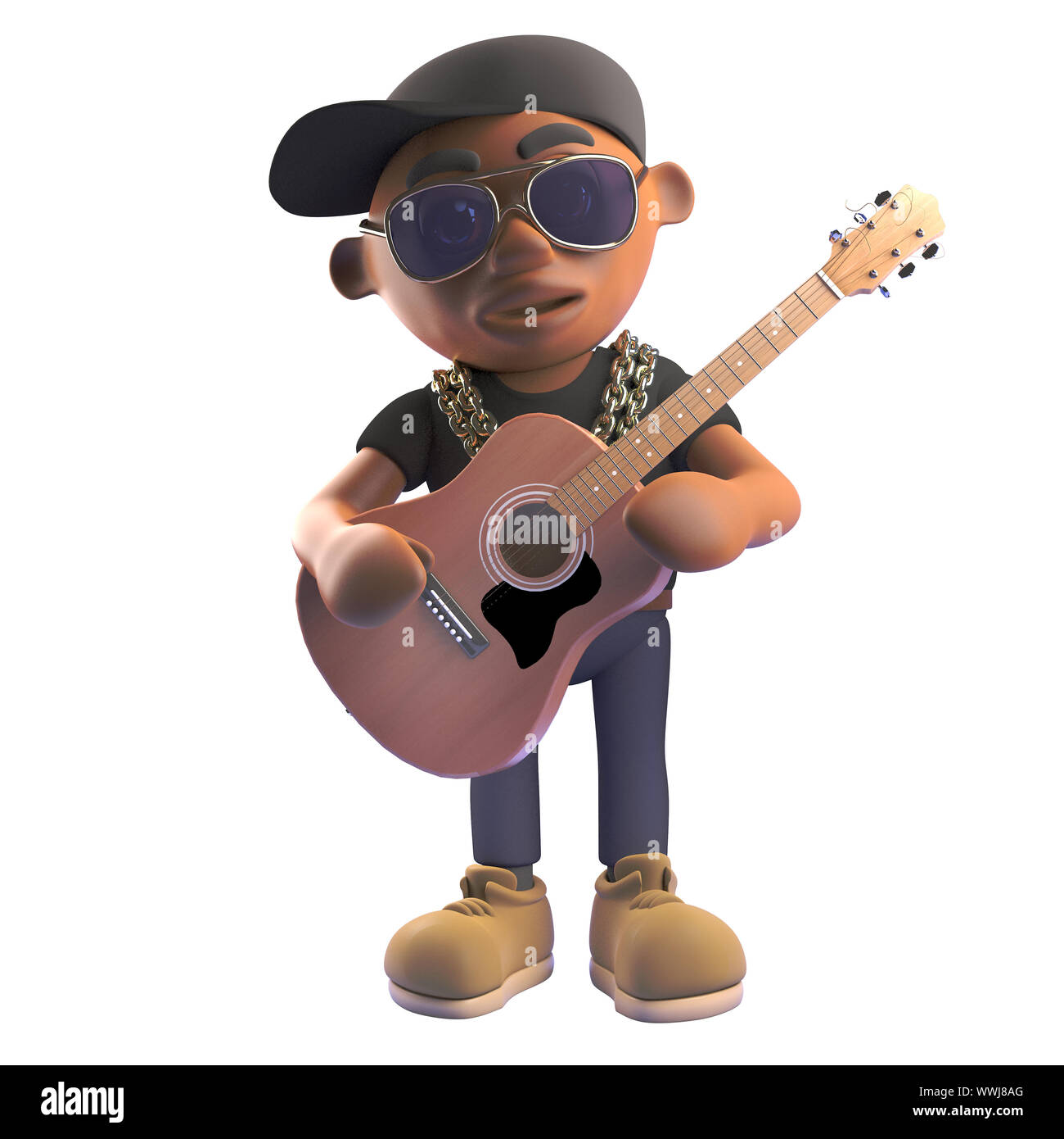 Cartoon 3d black hiphop rapper in baseball cap playing an acoustic ...