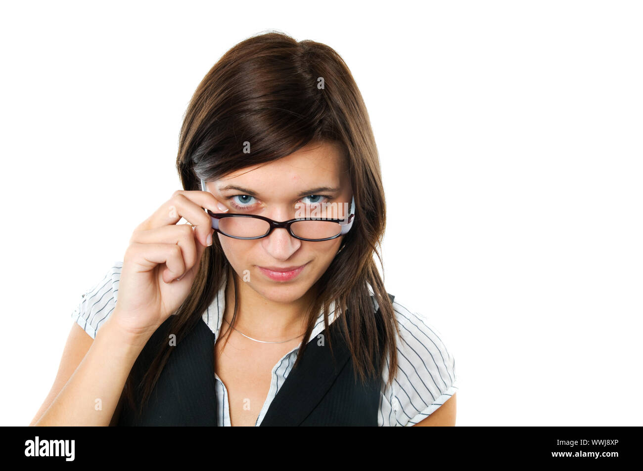 Strict-looking teacher / businesswoman / executive isolated on white ...